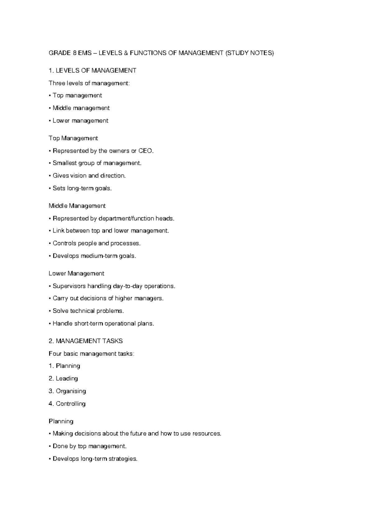 GRADE 8 EMS MANAGEMENT FUNCTIONS & LEVELS STUDY NOTES - Studocu
