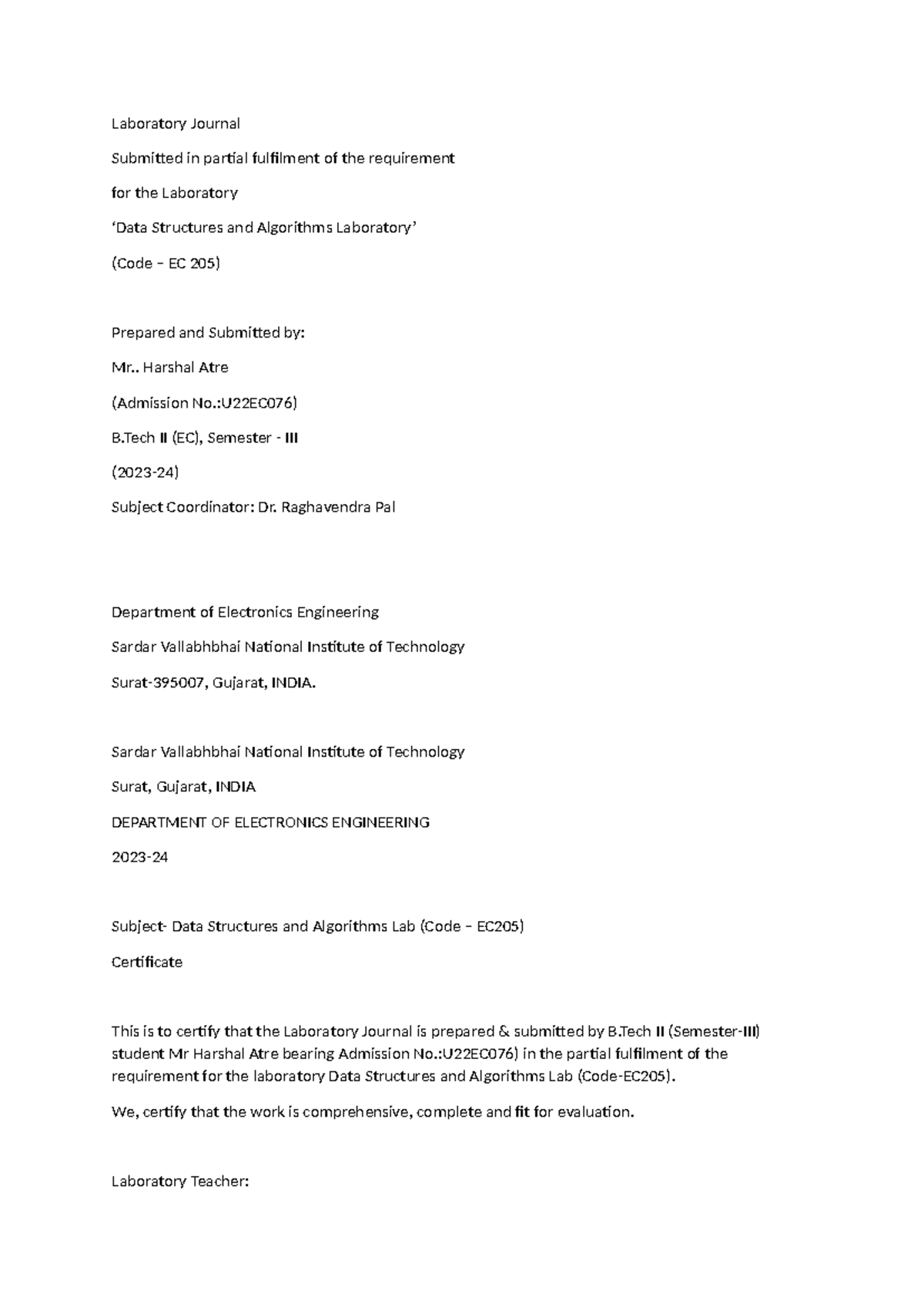 Data Structures & Algorithms Lab (EC205): Laboratory Journal 2023-24 ...