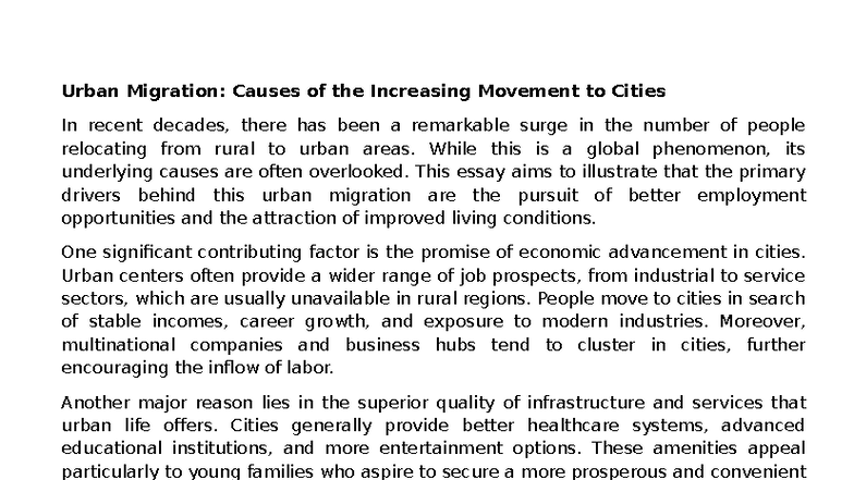 Urban Migration: Causes of Increased Movement to Cities - Studocu