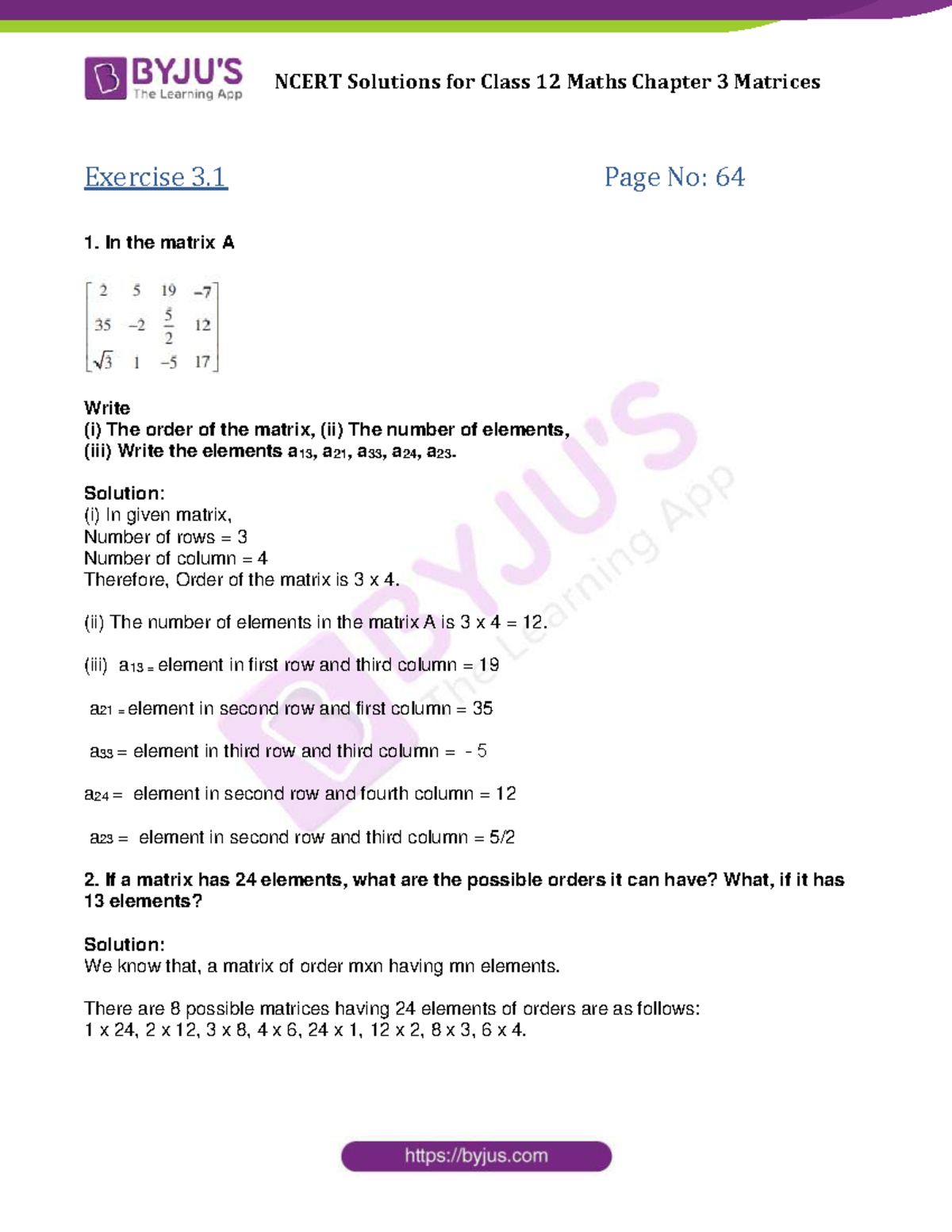 NCERT Solutions for Class 12 Maths Chapter 3: Matrices Exercises and ...