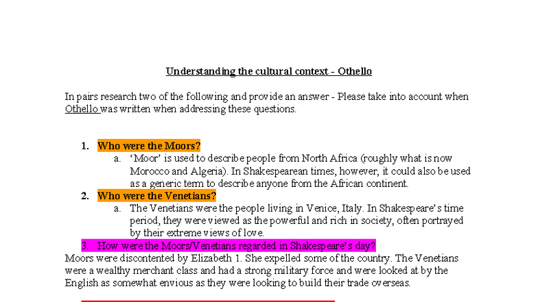 Cultural Context of Othello: Moors, Venetians, and Gender Roles - Studocu