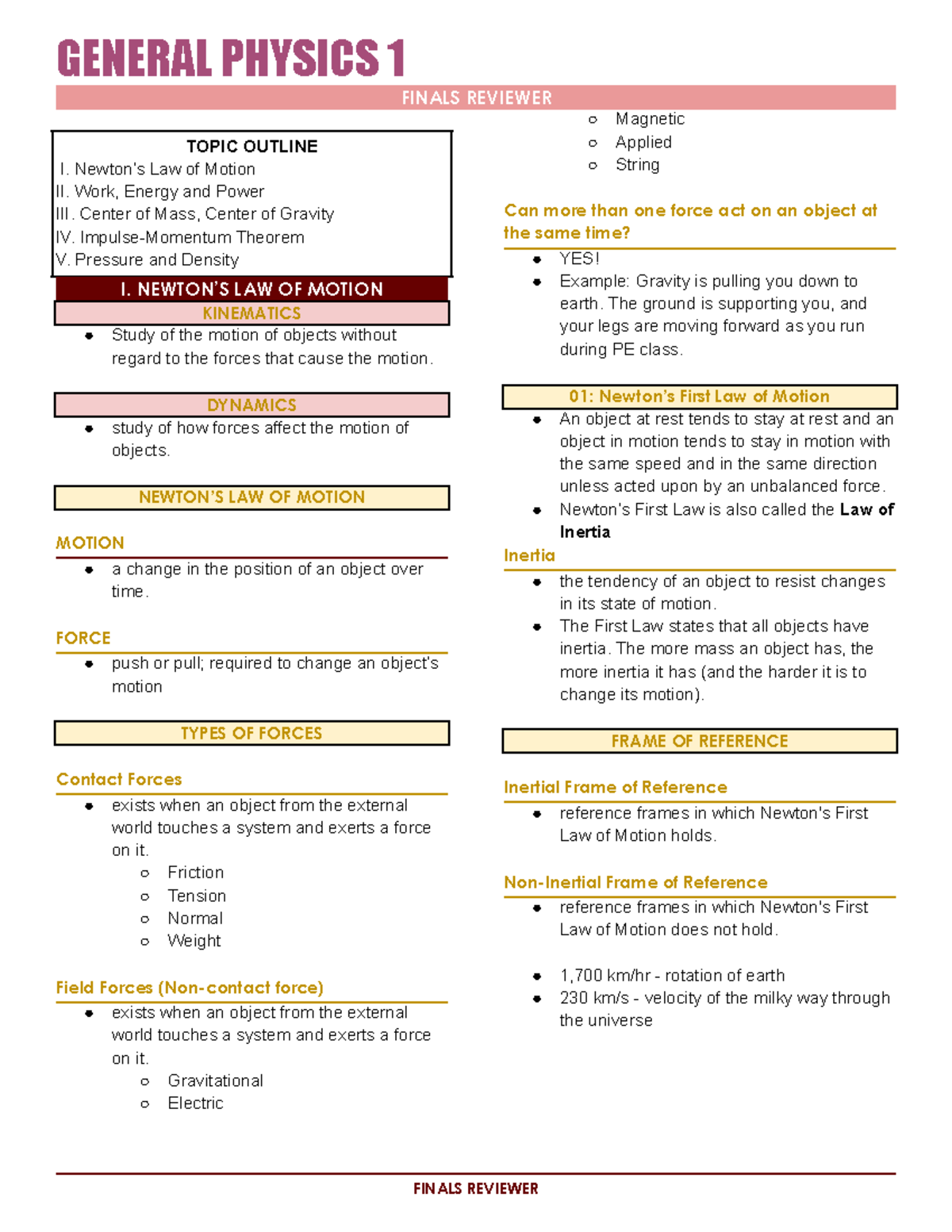 General Physics 1 - Final Exam Reviewer on Mechanics and Energy - Studocu
