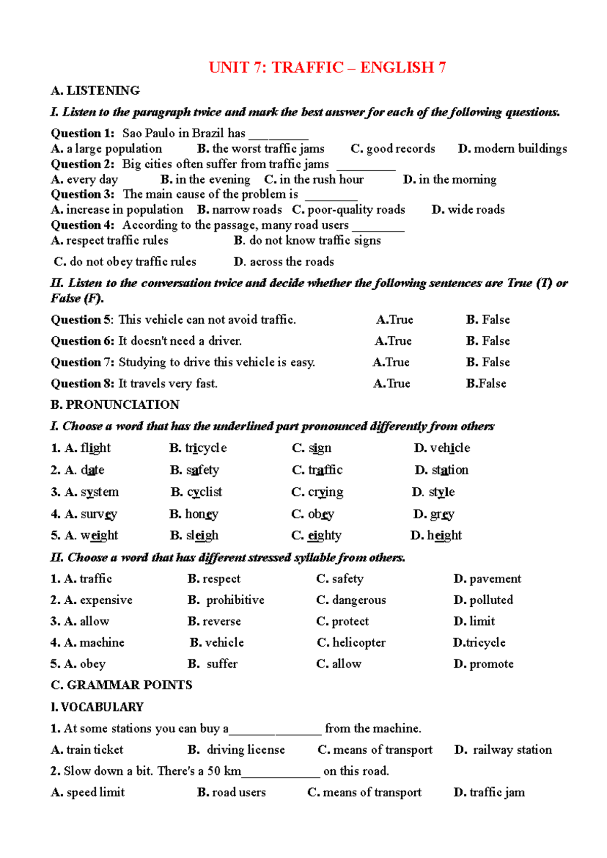 HCL-UNIT 7: Traffic Listening & Grammar Exercises for English 7 - Studocu