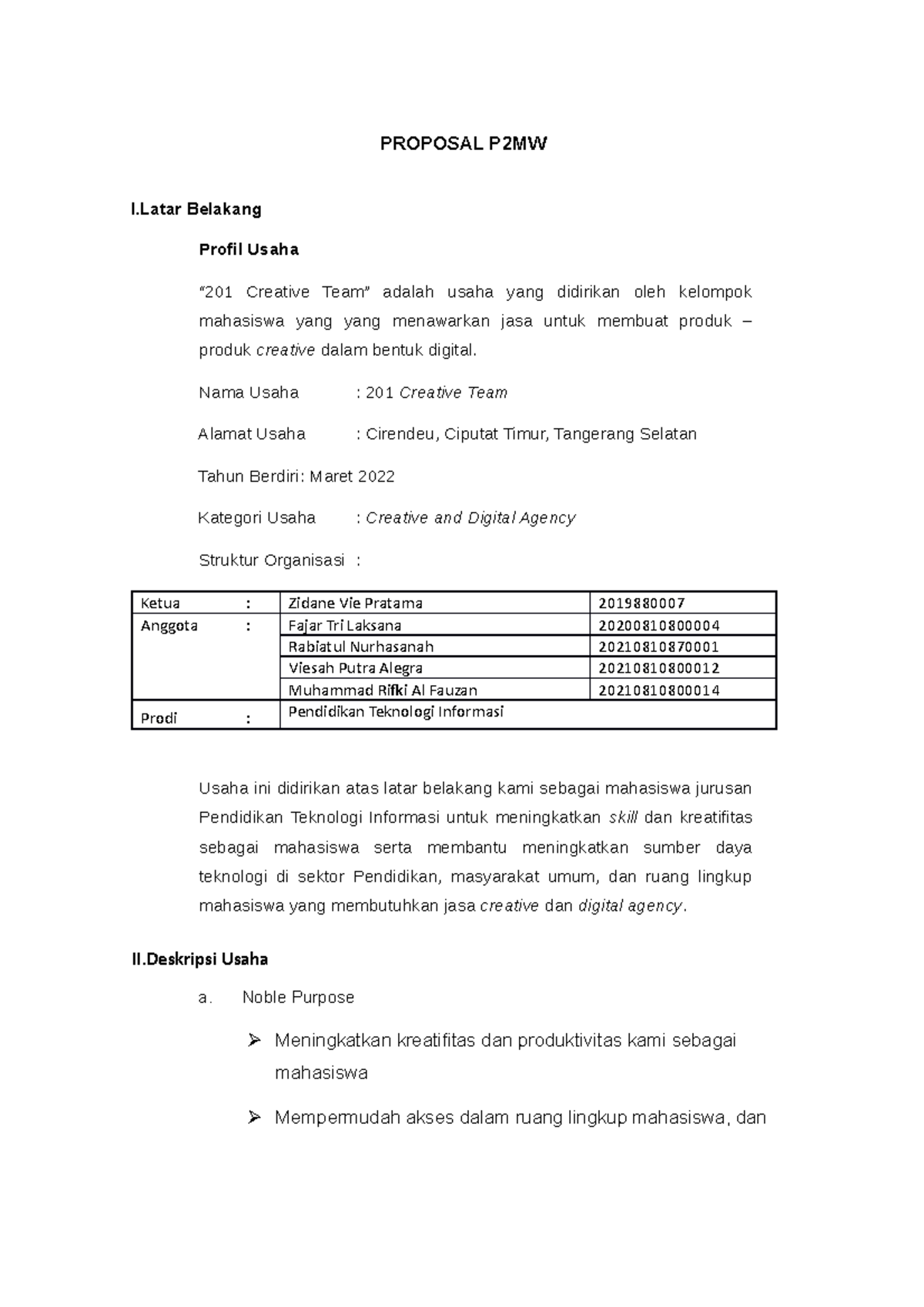 Proposal Usaha Kreatif "201 Creative Team" - P2MW - Studocu
