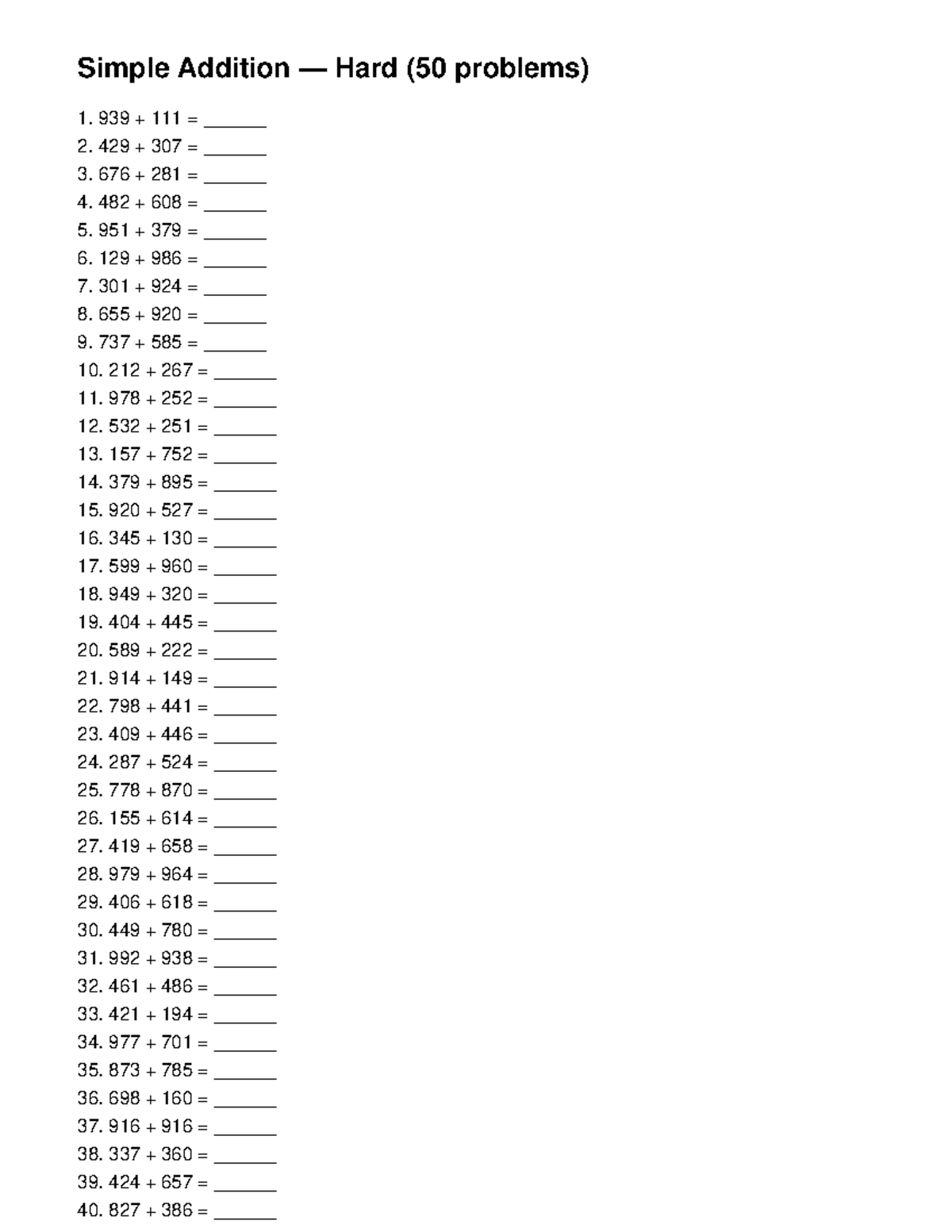 MATH 101: Hard Addition Practice (50 Problems) - Studocu