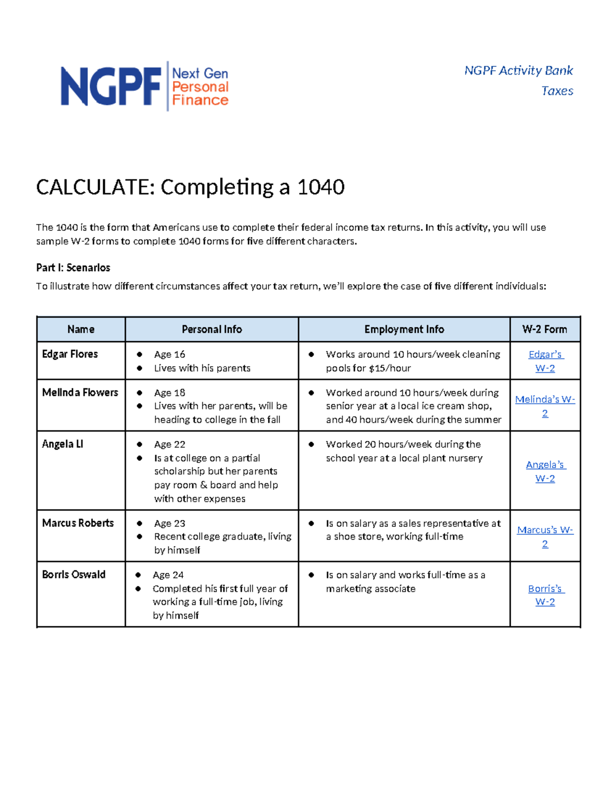 NGPF Activity: Taxes - Completing the 1040 Form Explained - Studocu