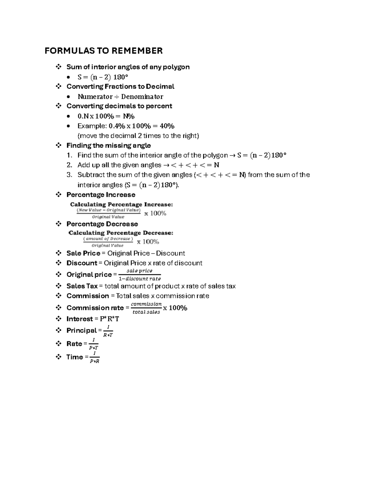 Formulas TO Remember - ... - FORMULAS TO REMEMBER Sum of interior ...
