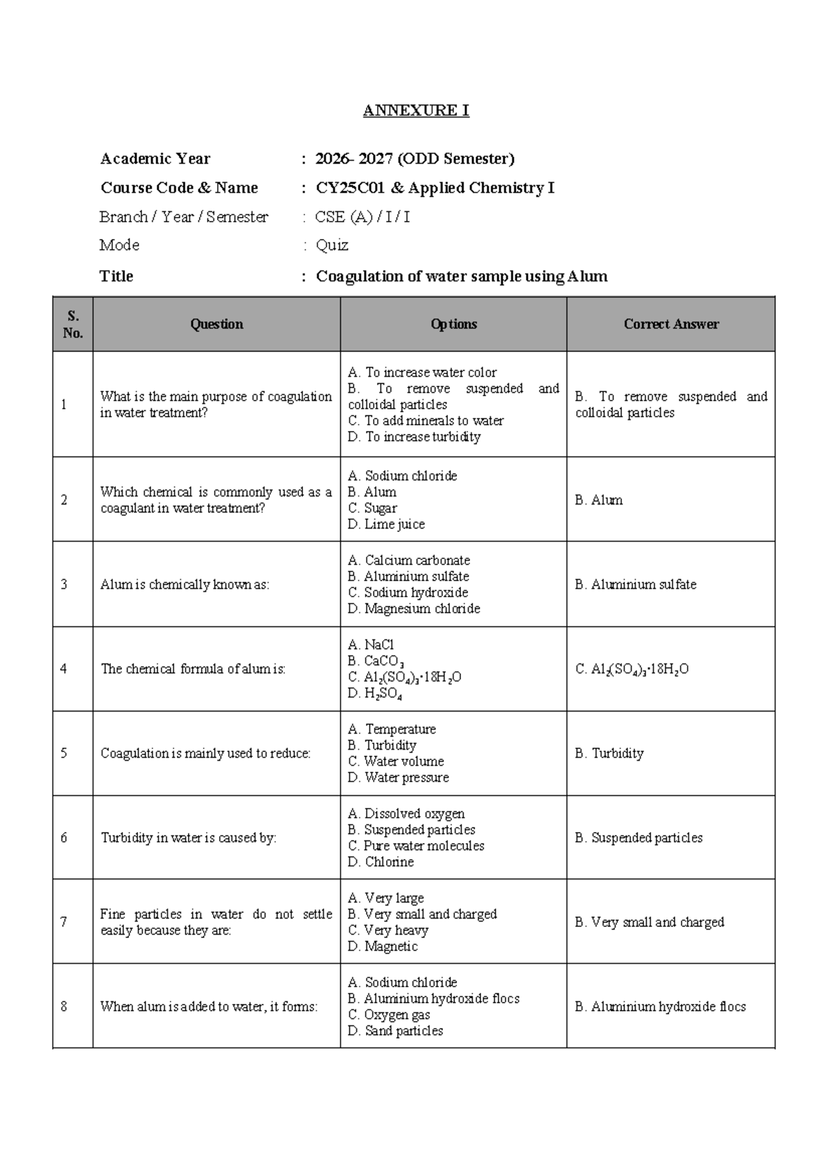 Quiz on Coagulation of Water Samples Using Alum - CY25C01 - Studocu
