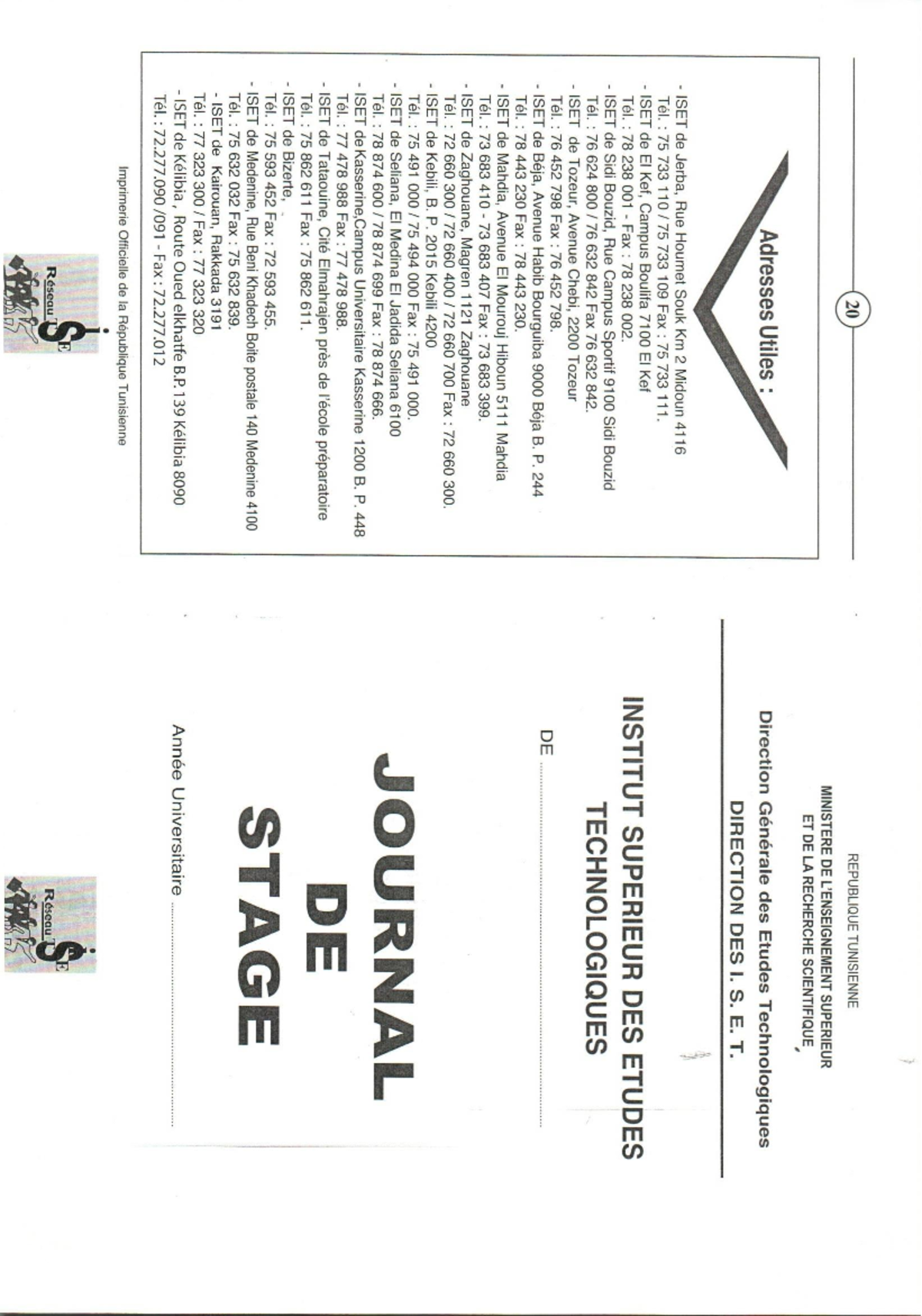 Journal de Stage - ISET: Adresses Utiles et Évaluations - Studocu