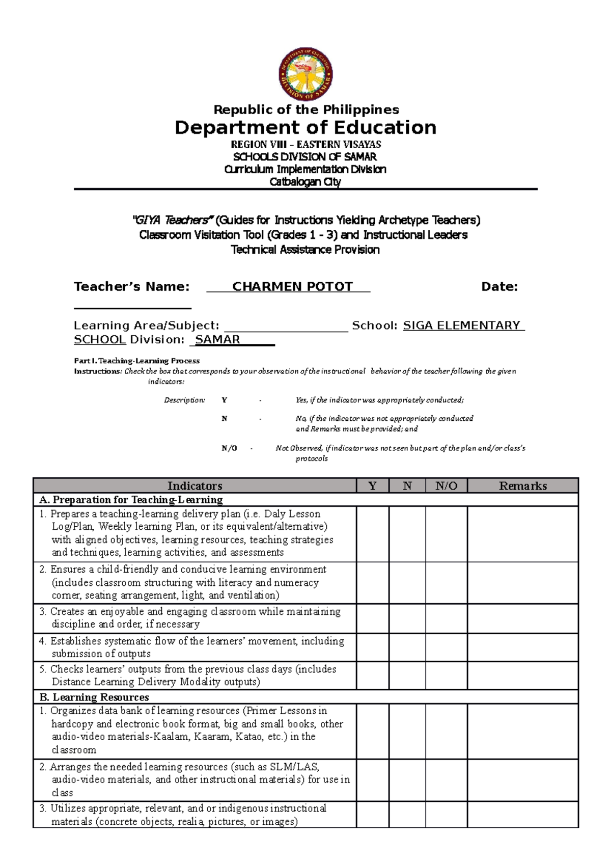 GIYA TOOL G1 3 - Classroom Visitation Tool for Grades 1-3 - Studocu
