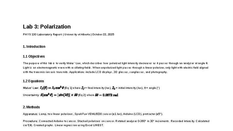 Lab 3: Polarization Analysis PHYS 130 Lab Report - Studocu