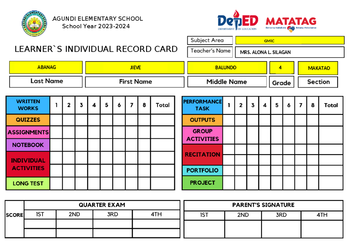 Matatag CARD - English - LAGUNDI ELEMENTARY SCHOOL School Year 2023 ...