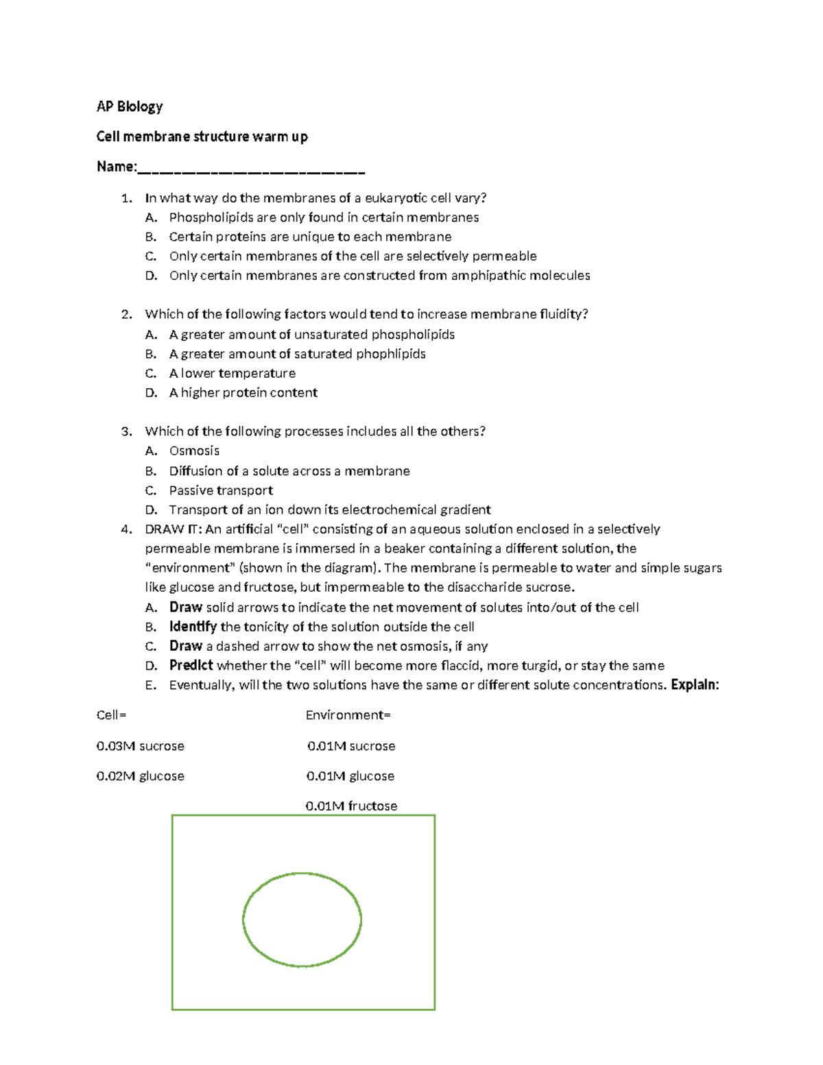 Membrane structure warm up - AP Biology Cell membrane structure warm up ...