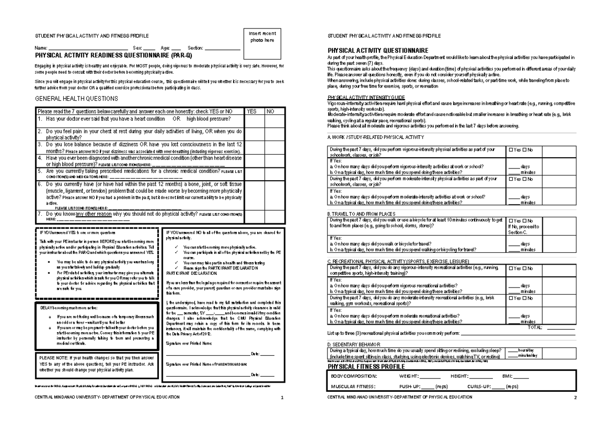 PE DEPT Student Physical Activity & Fitness Profile Questionnaire - Studocu