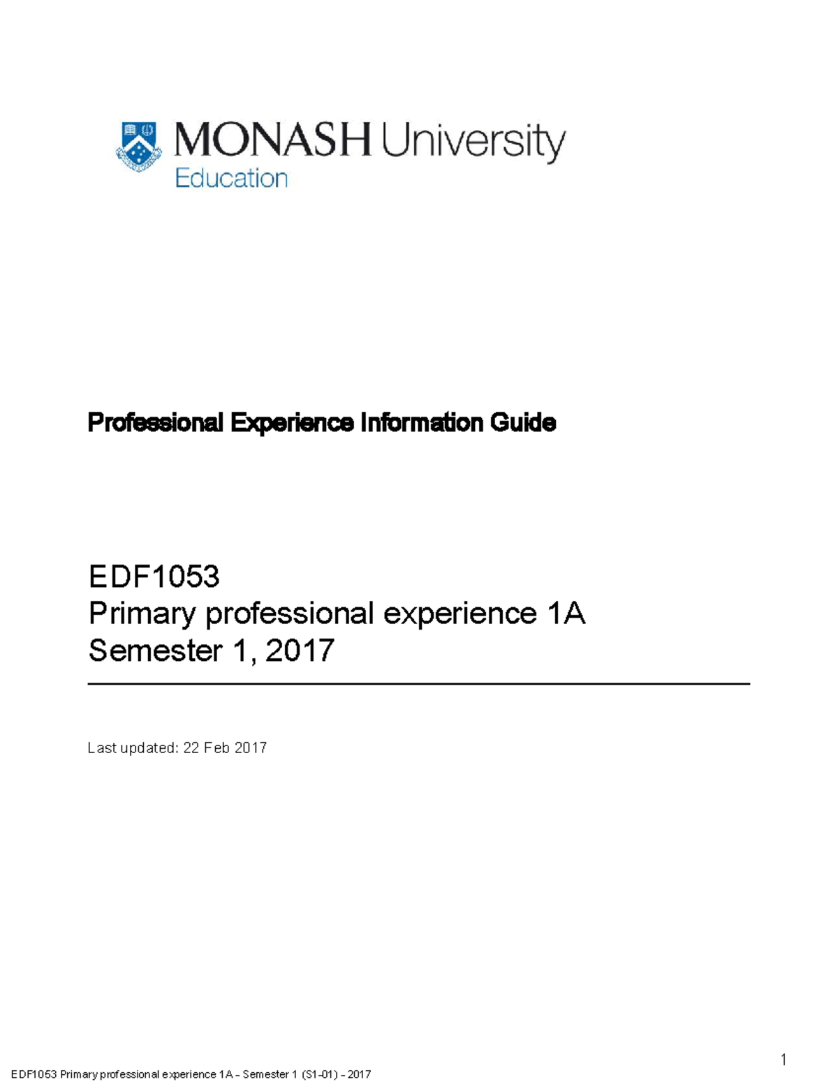 EDF1053 Primary Professional Experience Guide: Semester 1, 2017 - Studocu