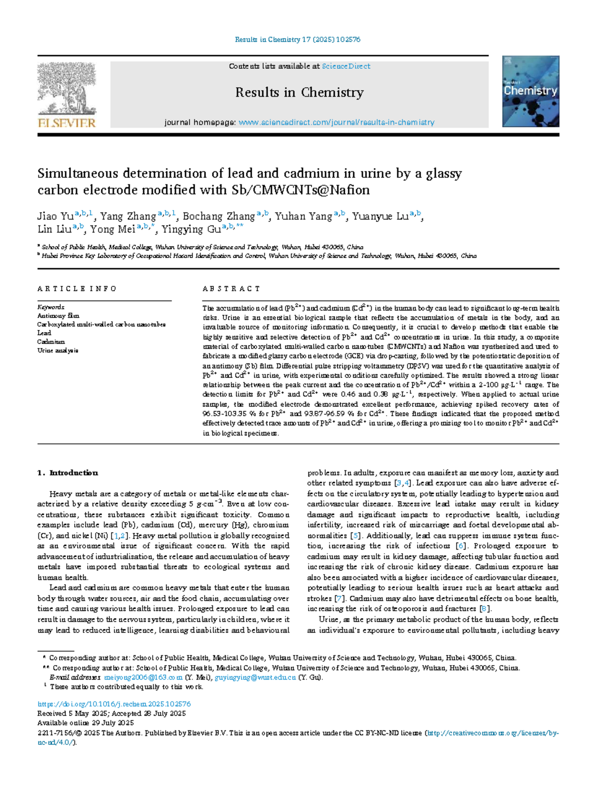 Simultaneous Detection of Pb and Cd in Urine Using Modified Electrode ...
