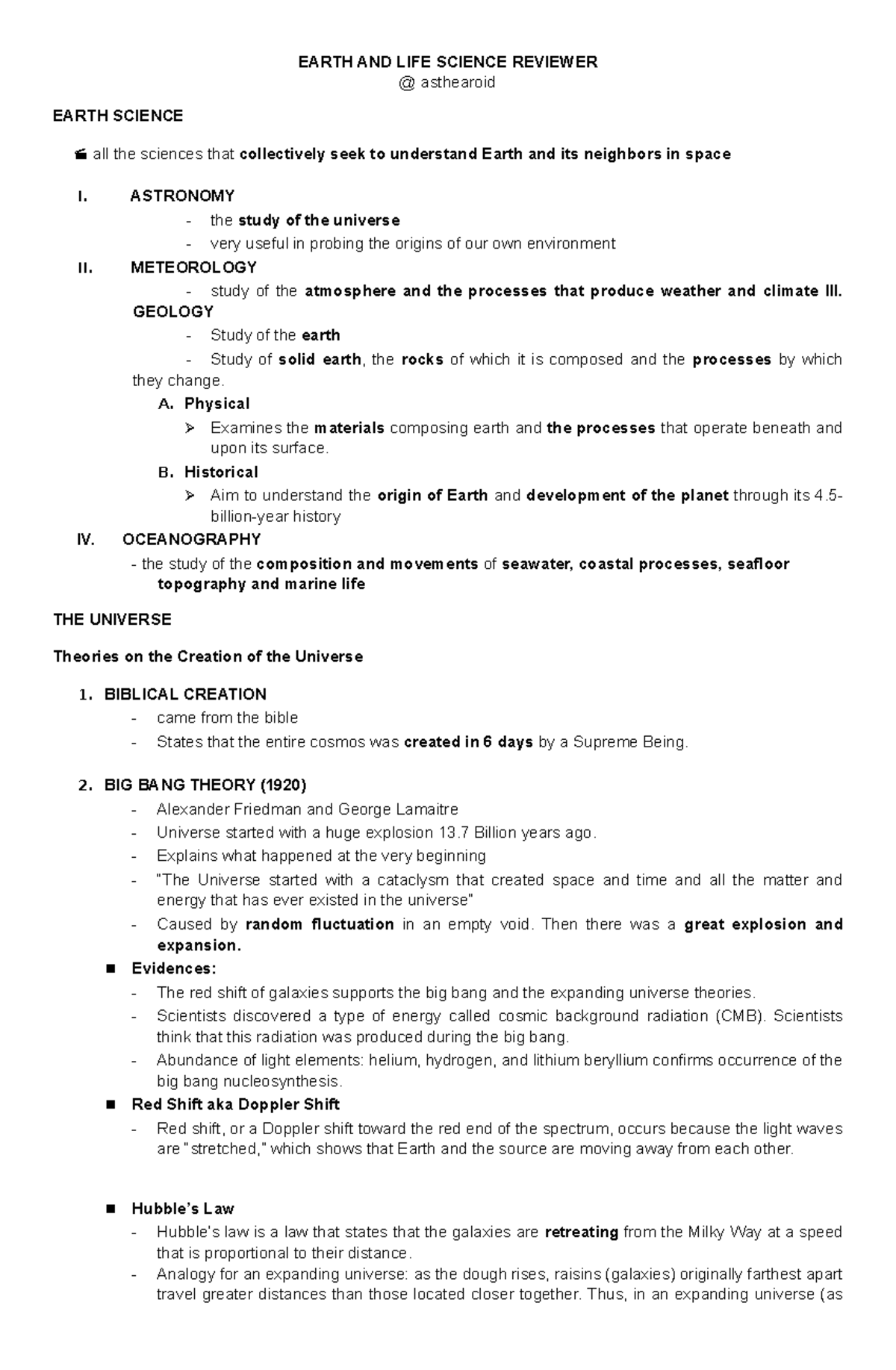 Earth and Life Science Reviewer: Key Concepts and Theories - Studocu