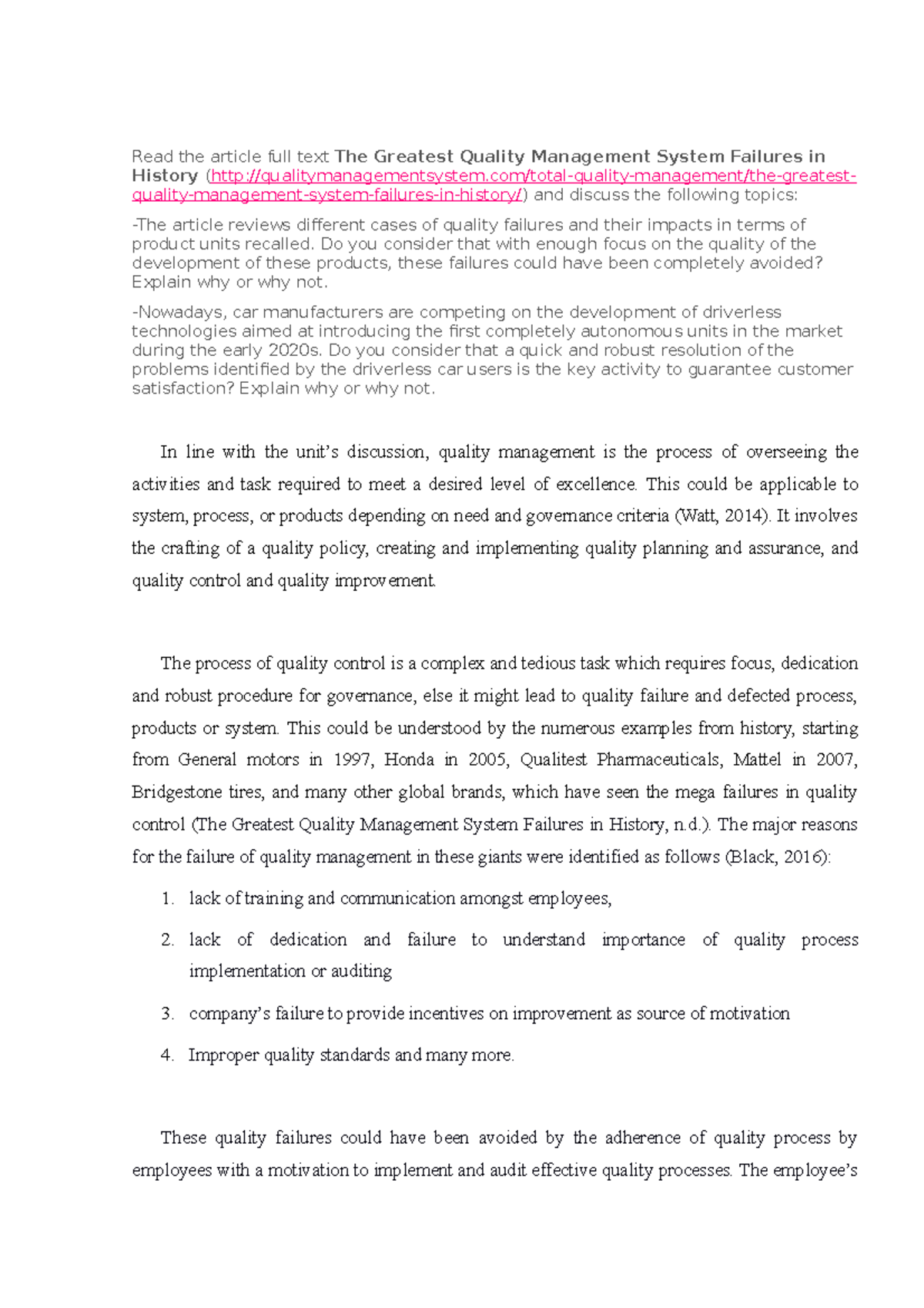 Unit 5 - Discussion 5 - Read the article full text The Greatest Quality ...