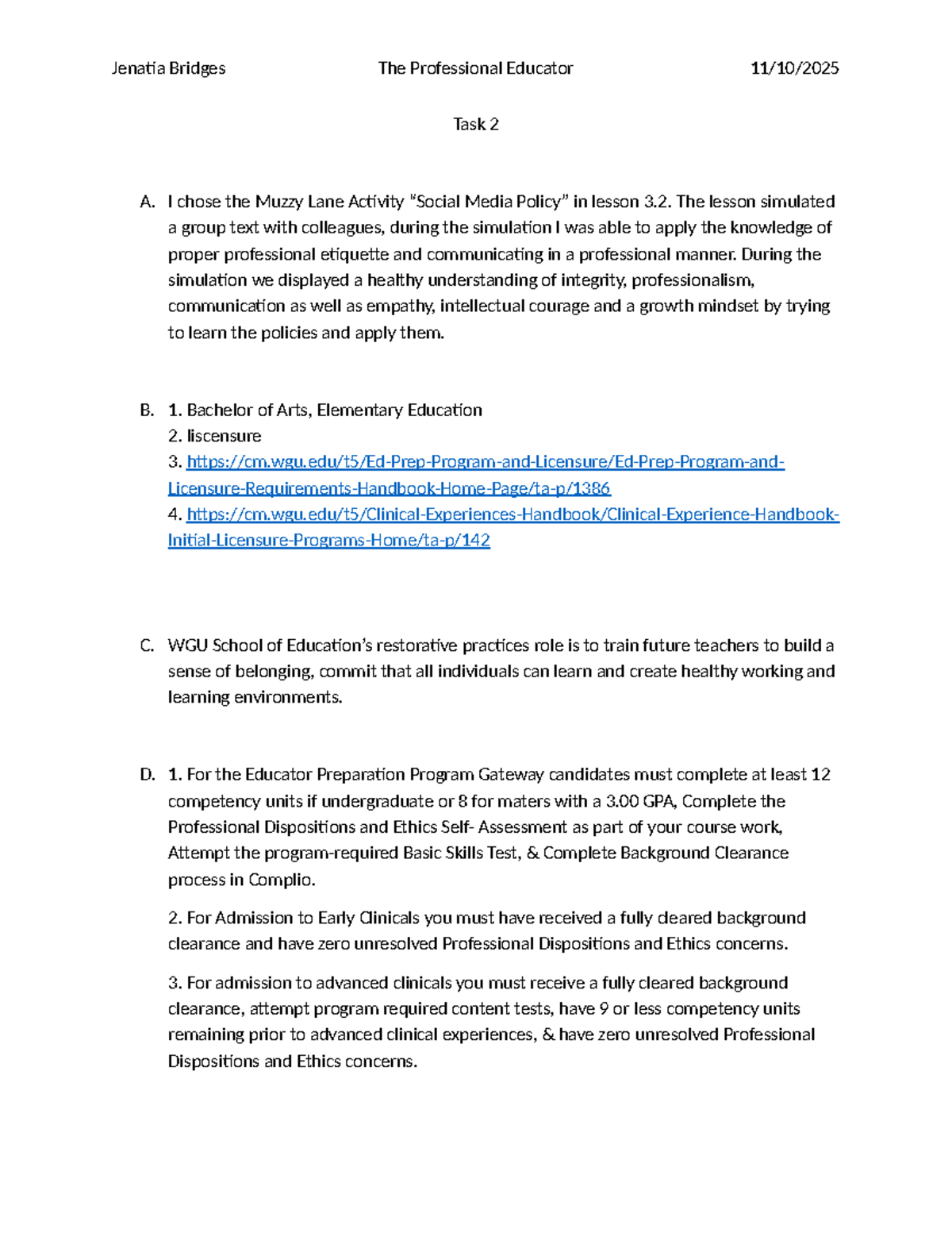 WGU Task 2: Professional Educator Reflection on Muzzy Lane Activity ...