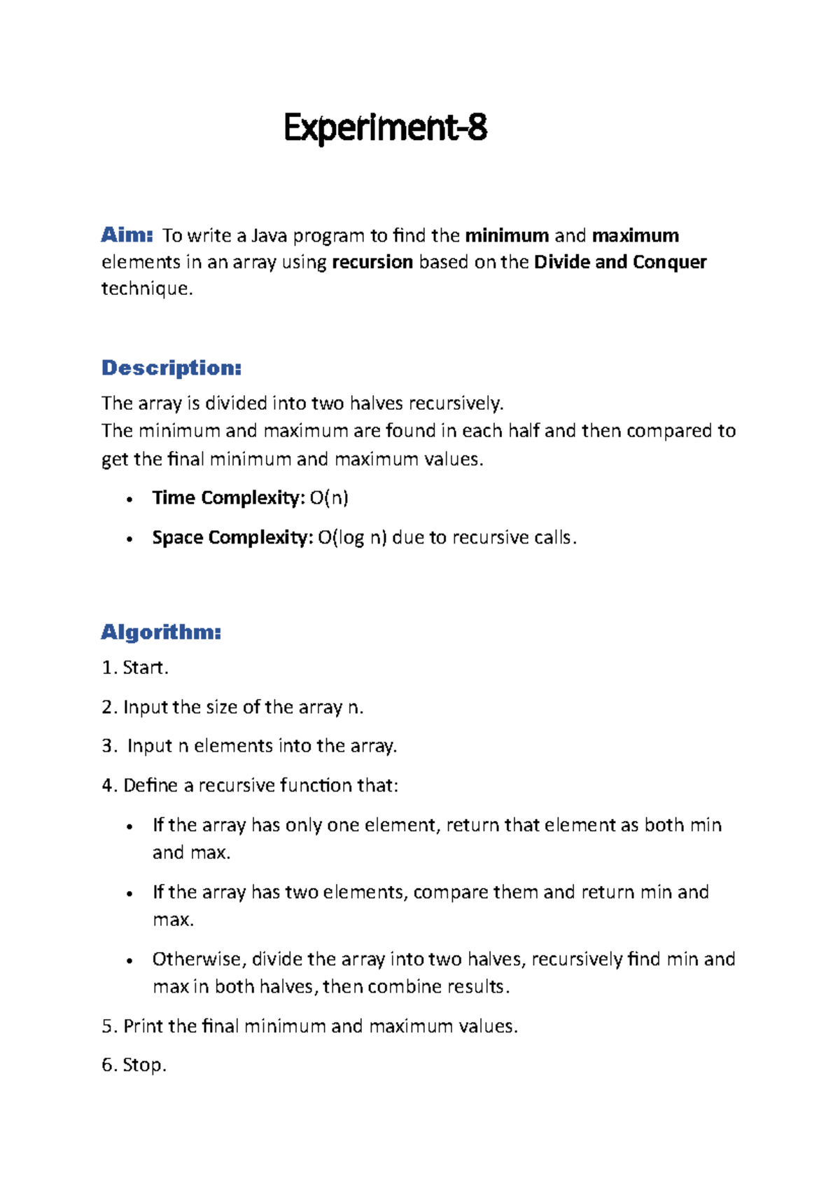 DAA 8 - Java Program for Min/Max in Array Using Recursion - Studocu