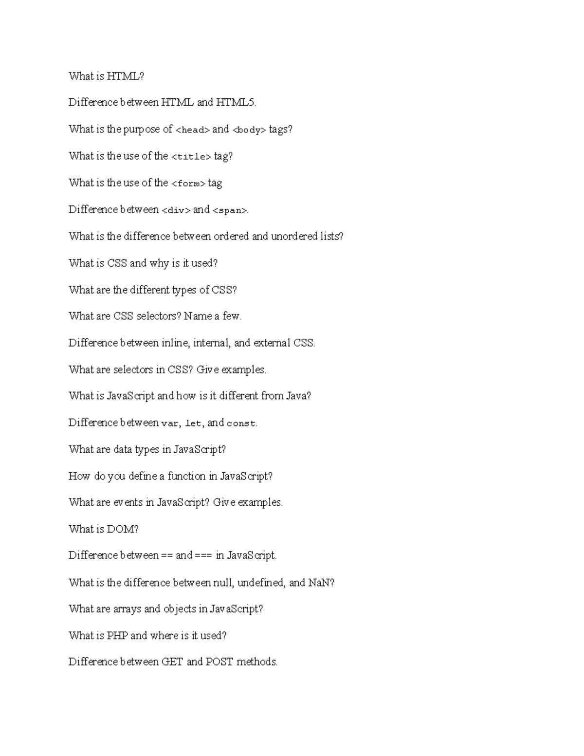 WT Viva Questions - Lab: HTML, CSS, JS, and PHP Overview - Studocu