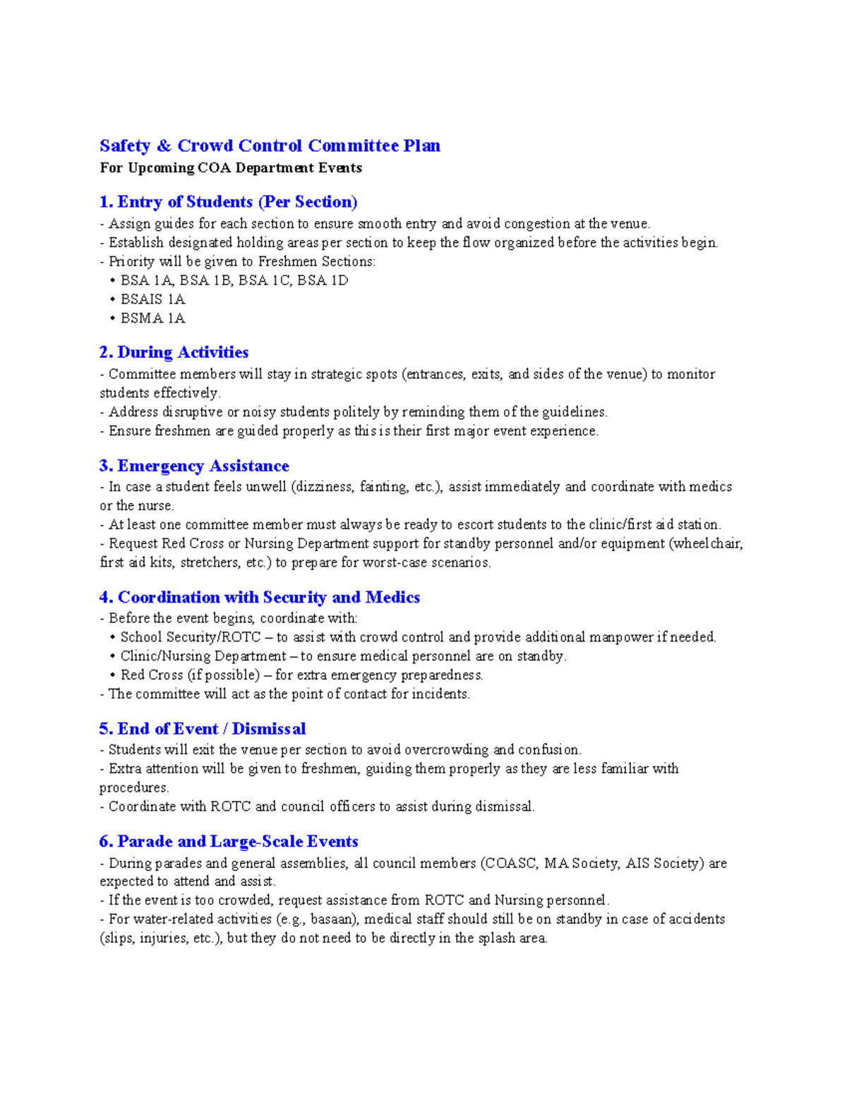 Safety Crowd Control Plan for COA Events: Student Entry & Dismissal ...