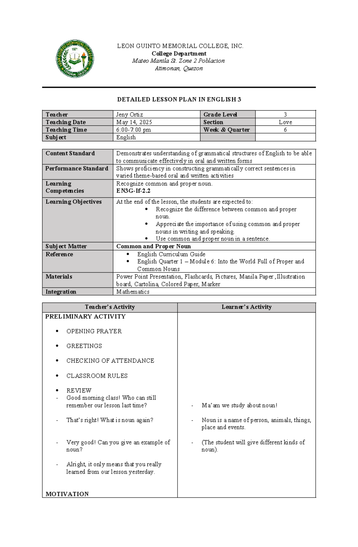 Detailed Lesson Plan in English 3: Common and Proper Nouns - Studocu
