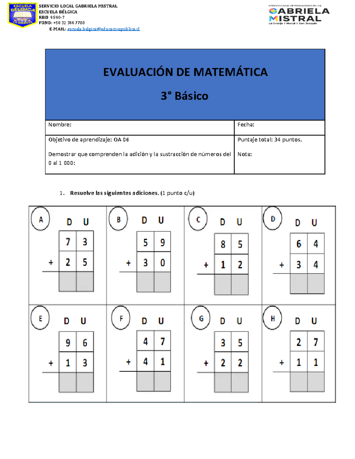 Prueba de sumas y restas sin canje - E-MAIL : escuela@educacionpublica ...