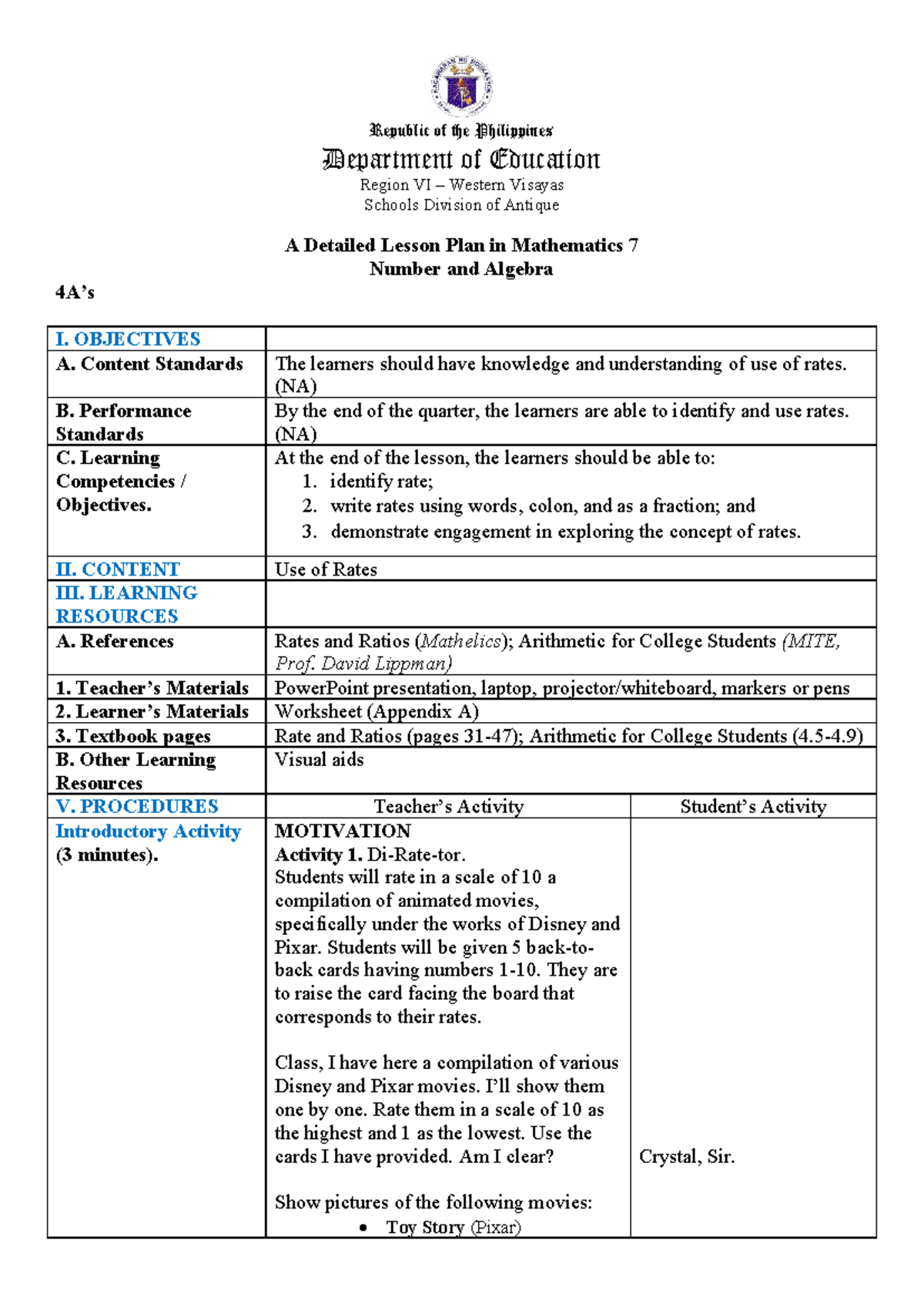 Detailed Lesson Plan in Math 7: Rates & Ratios (BSED MATHEMATICS 2B ...