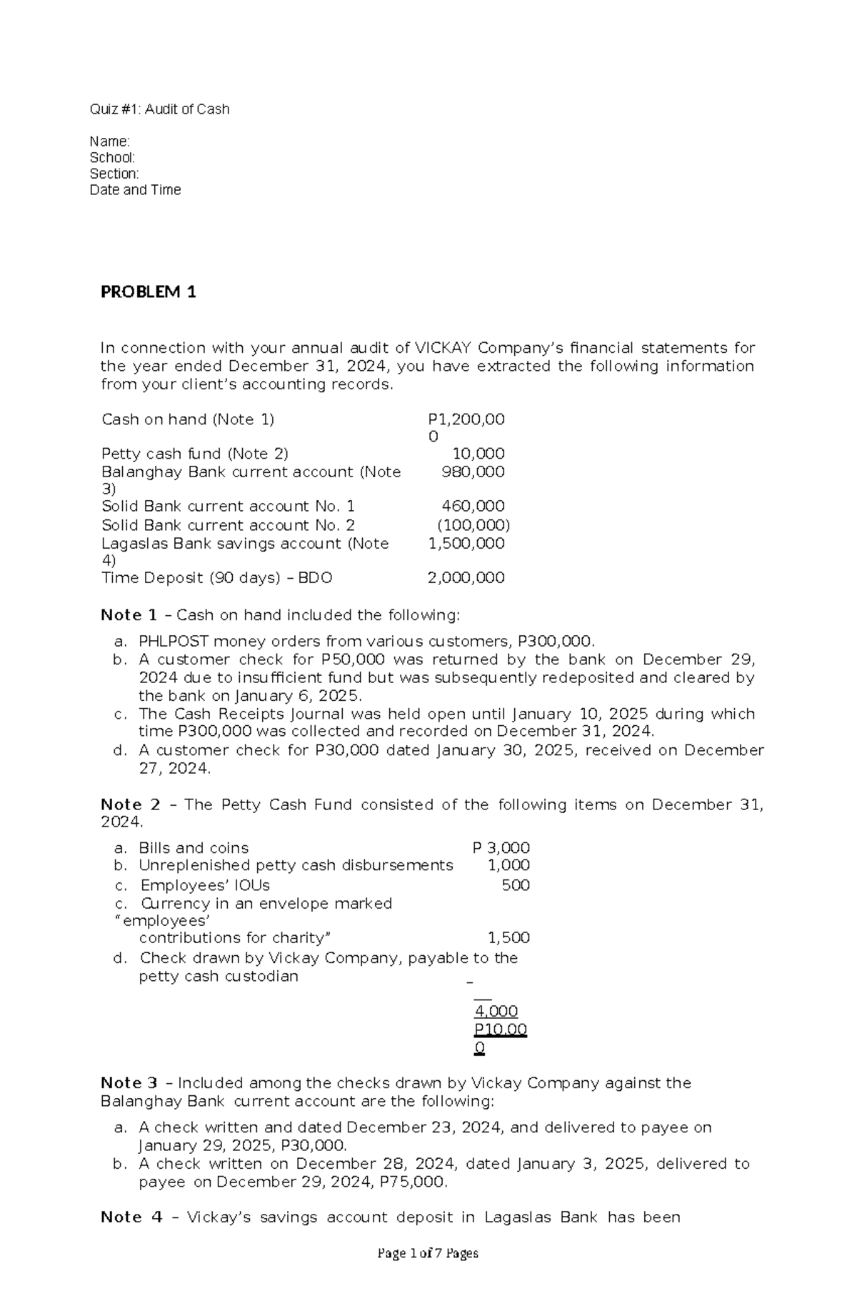 Aud Prob Quiz 1: Cash Audit Practice Questions - Studocu
