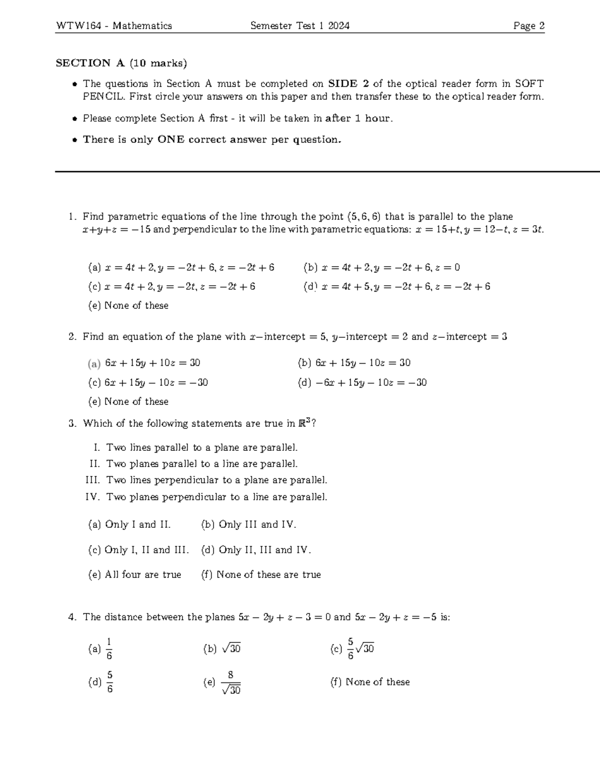 WTW164 Mathematics Semester Test 1 2024 - Section A Questions - Studocu
