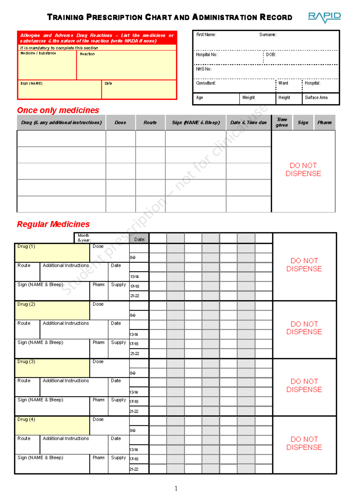 Training Prescription Chart & Administration Record (5x Blank) - Studocu