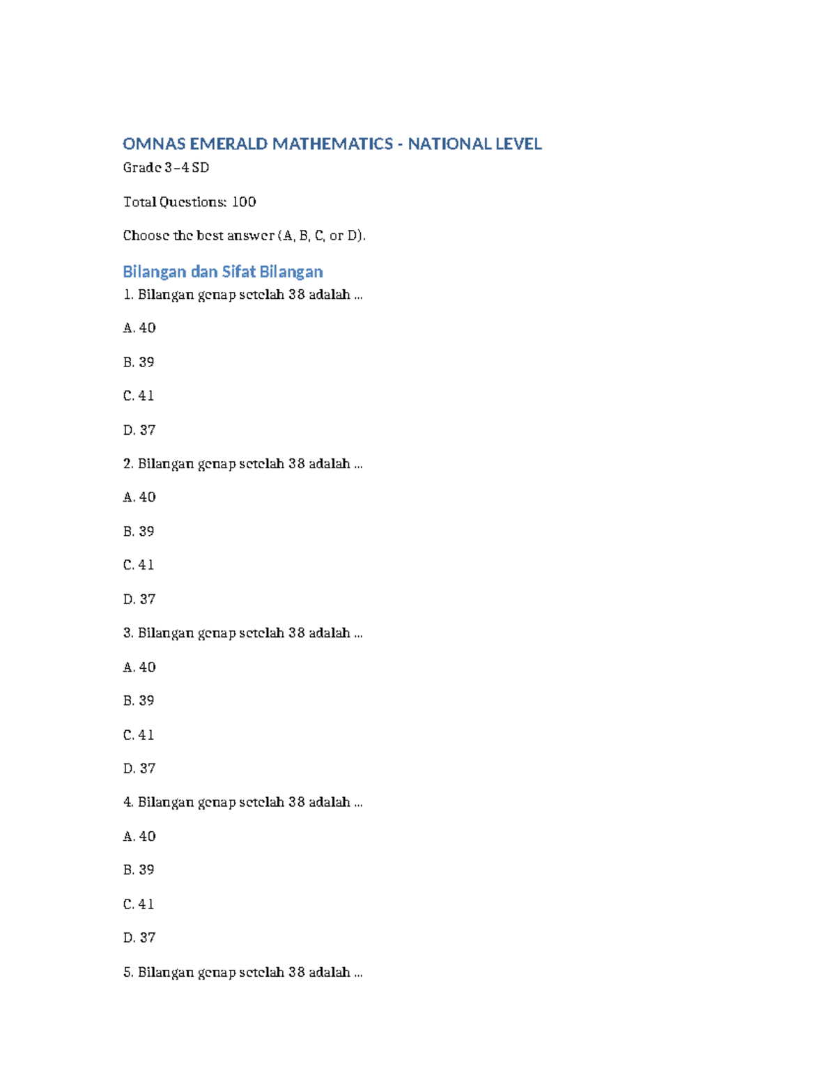 Omnas Emerald Mathematics Grade 3 National Level 100 Questions - Studocu