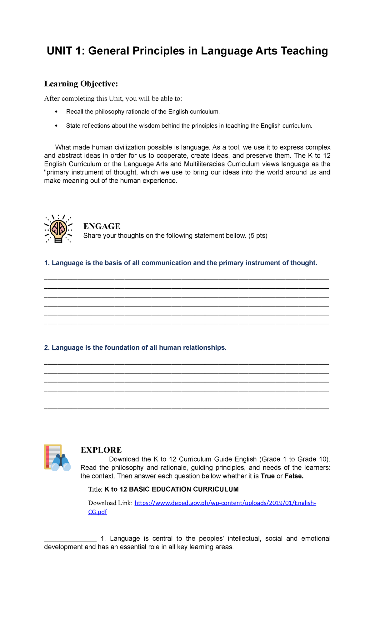 El Ed 121 Week 1 - Module 1: Understanding Language Arts Teaching - Studocu