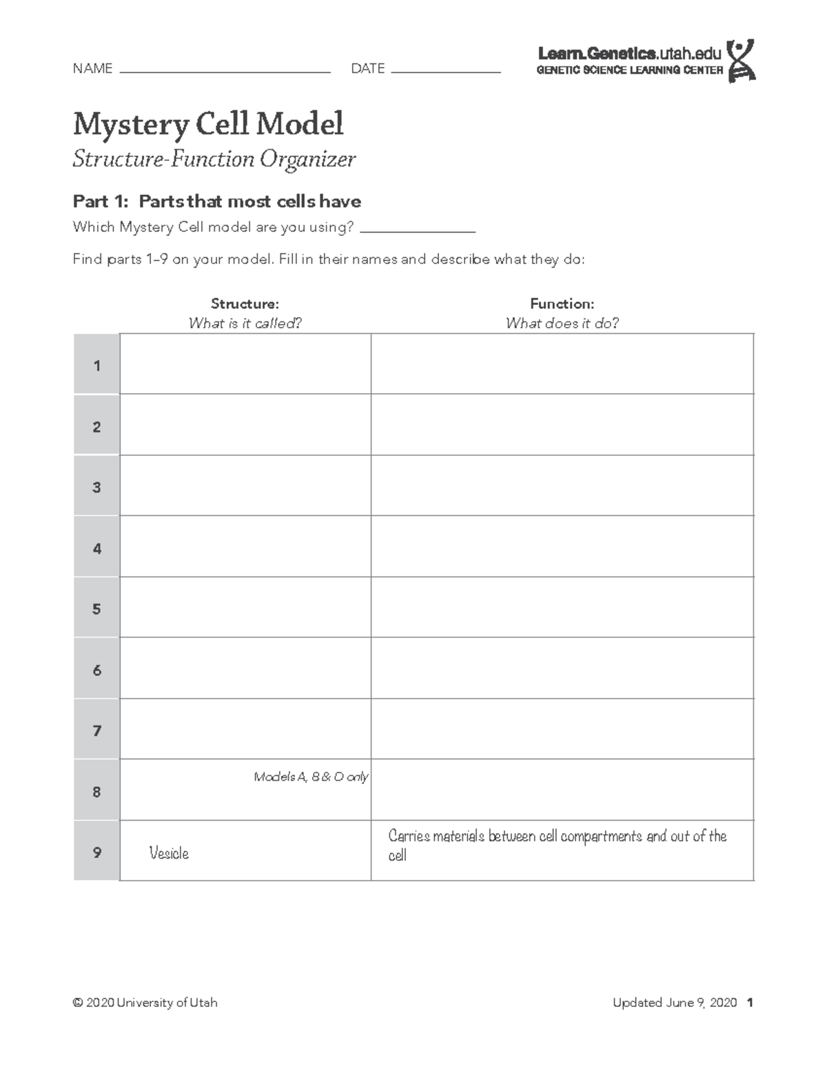Mystery Cell Structure and Function Organizer - NAME DATE © 2020 ...