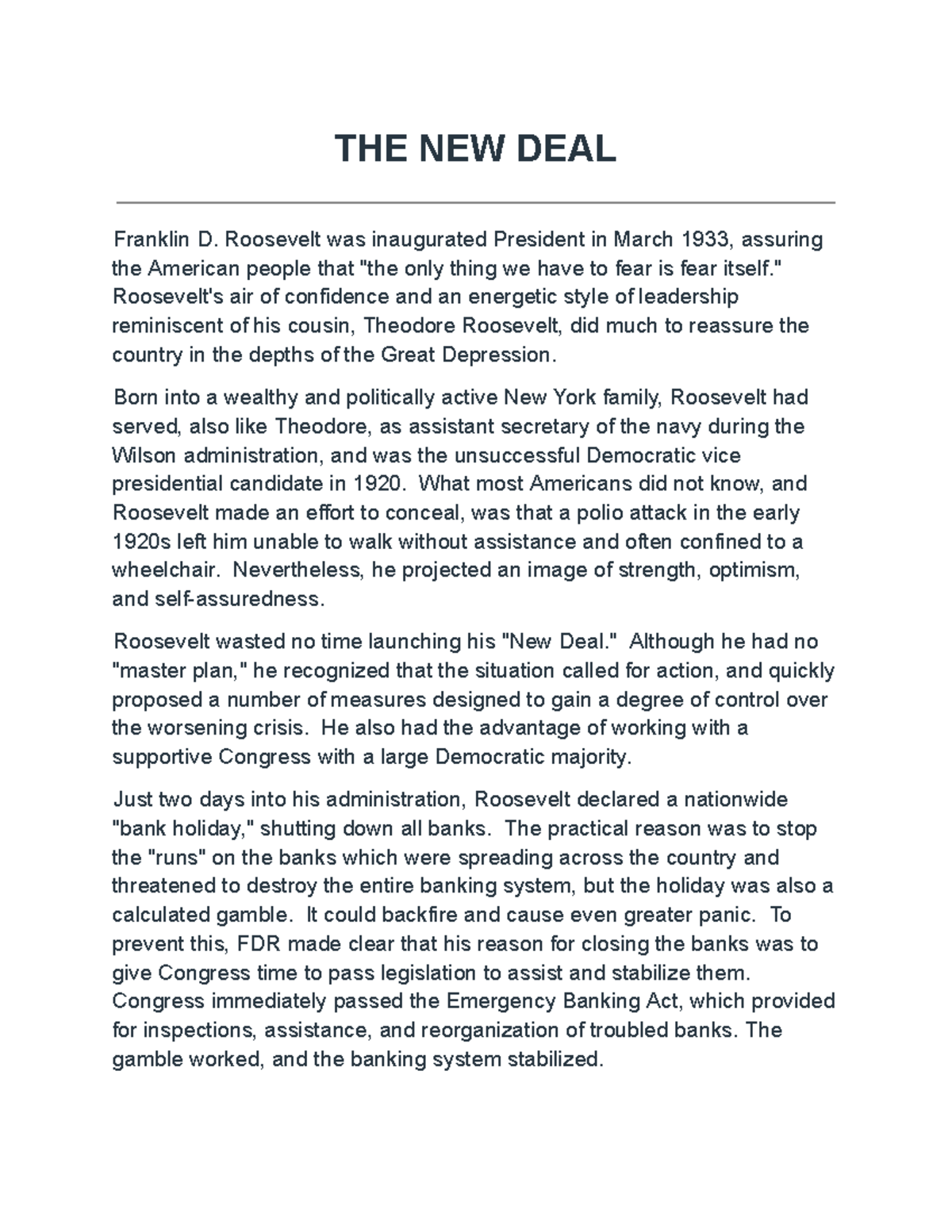The New Deal: Roosevelt's Response to the Great Depression - Studocu