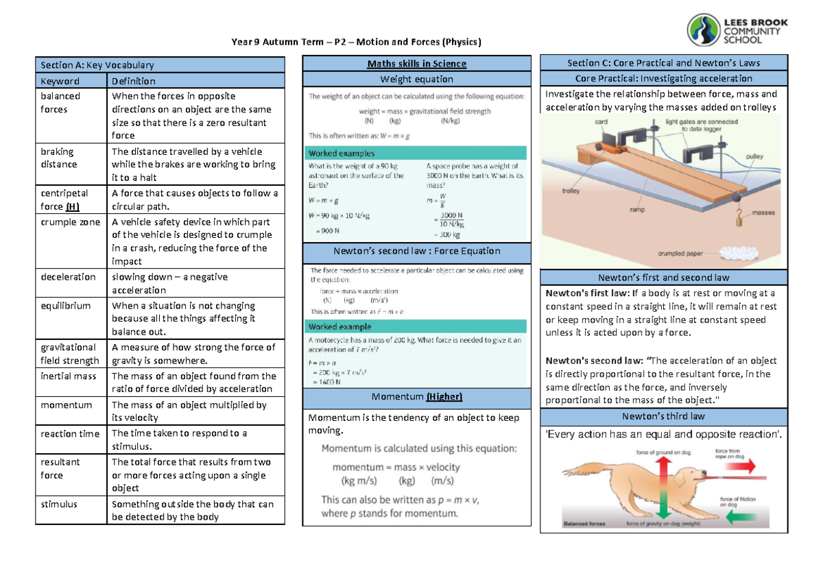 Combined Science Year 9 P2: Motion and Forces Key Vocabulary - Studocu