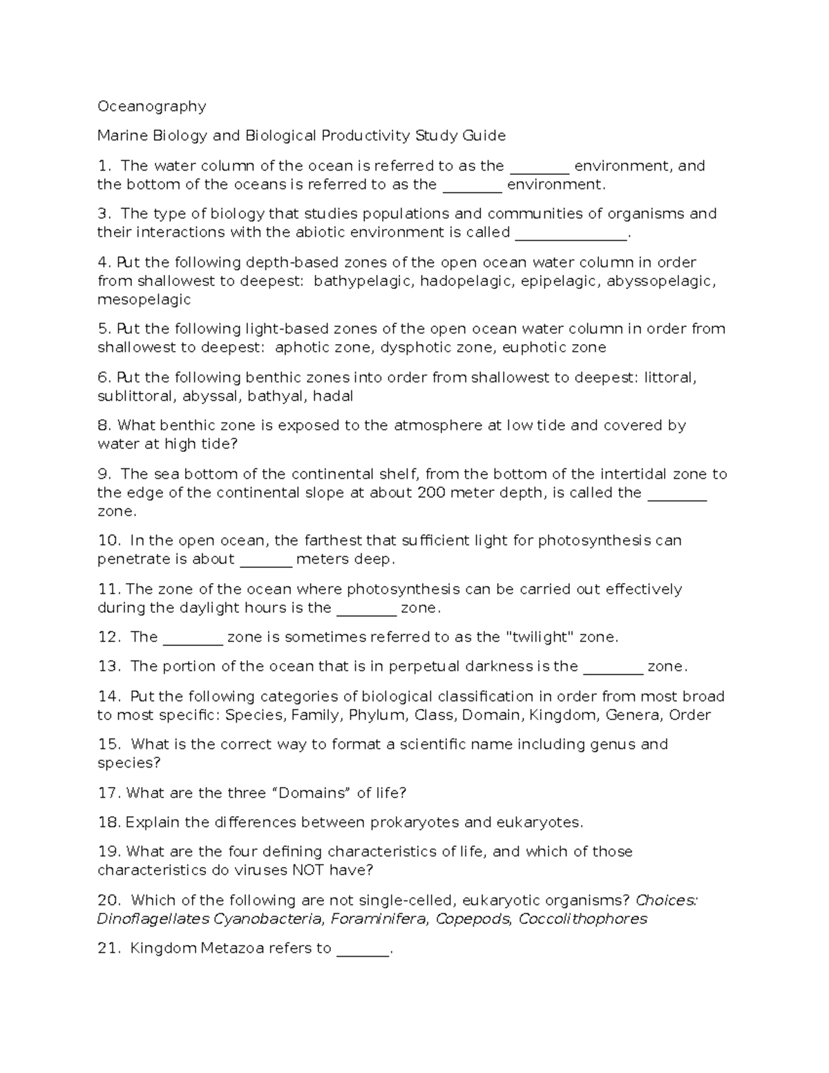 Oceanography: Marine Biology & Biological Productivity Study Guide ...
