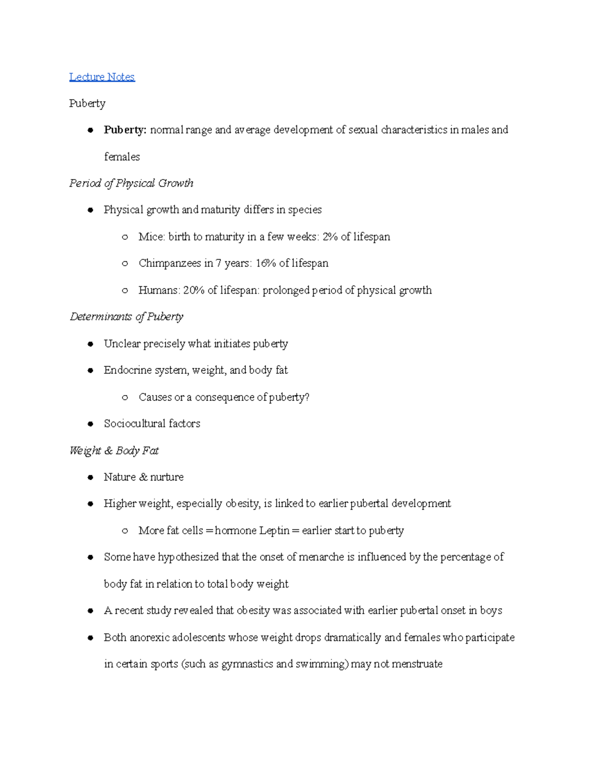 Lecture Notes: Puberty, Health & Physical Growth (Course Code: 2 13-2 ...