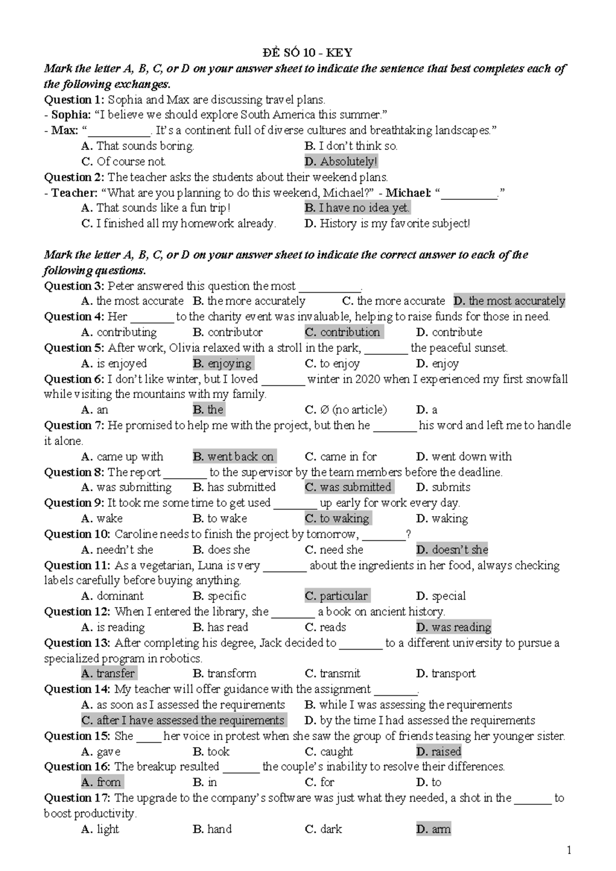 ĐỀ SỐ 10 - KEY - Practice Questions for English Proficiency - Studocu