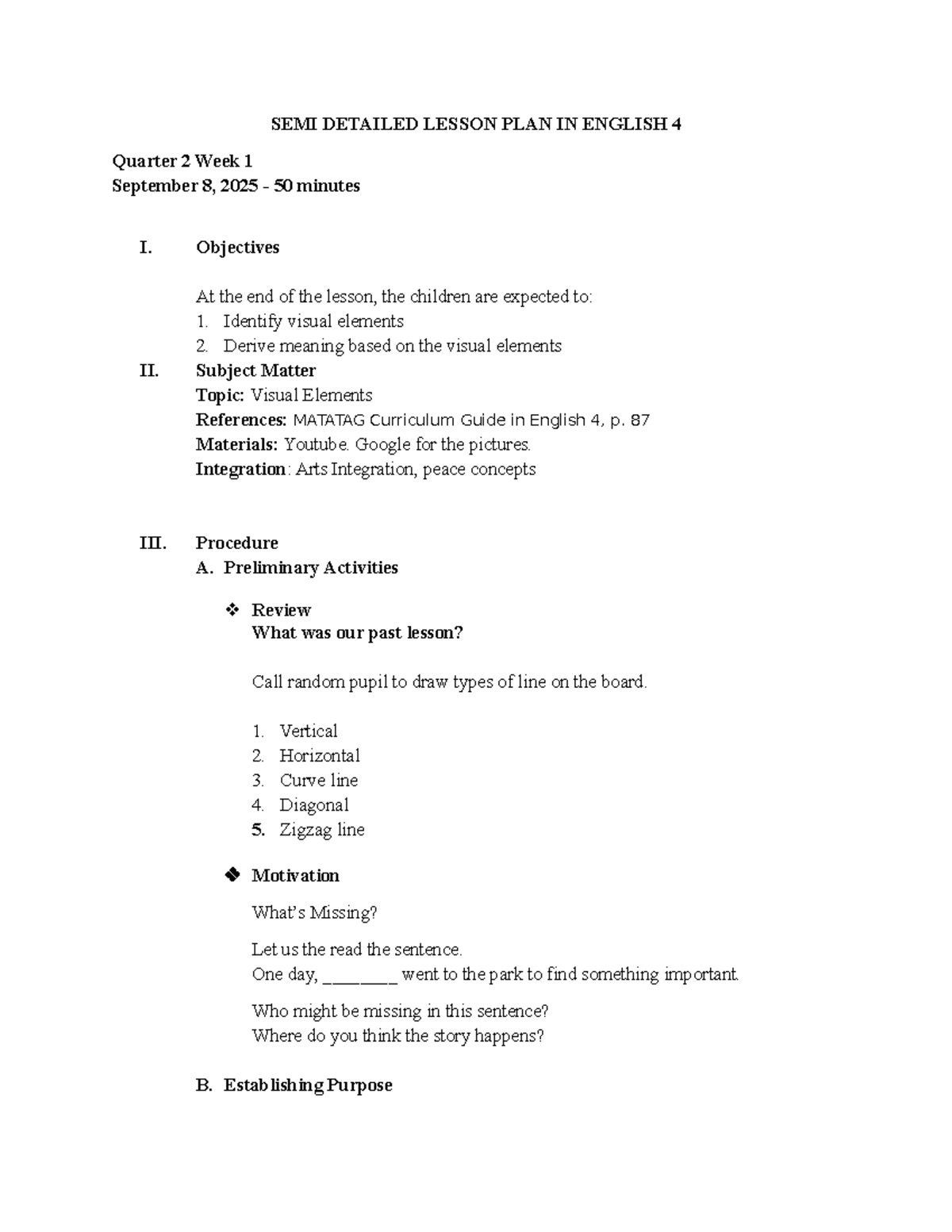 Q2W1 Eng 4 - Semi Detailed Lesson Plan on Visual Elements - Studocu