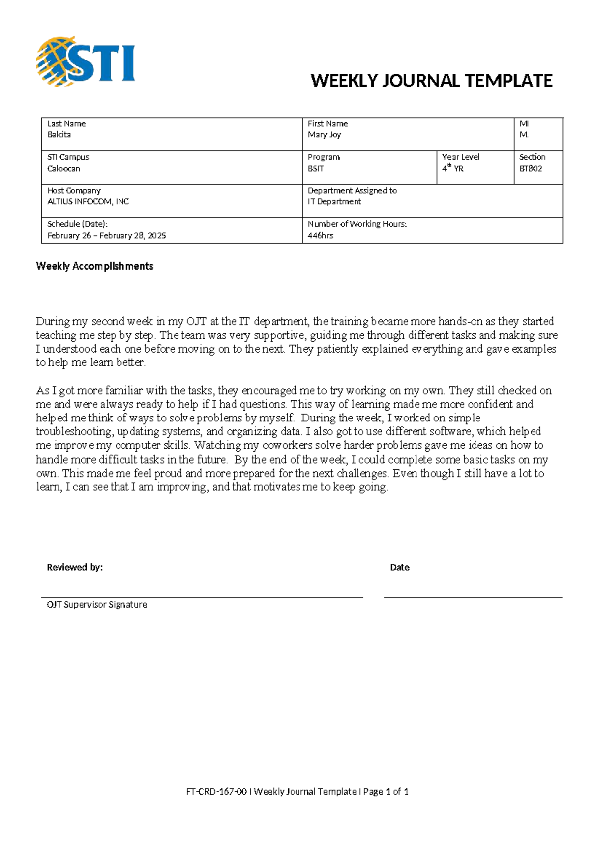 Weekly Journal Template - OJT Week 2 Report for BSIT BT802 - Studocu