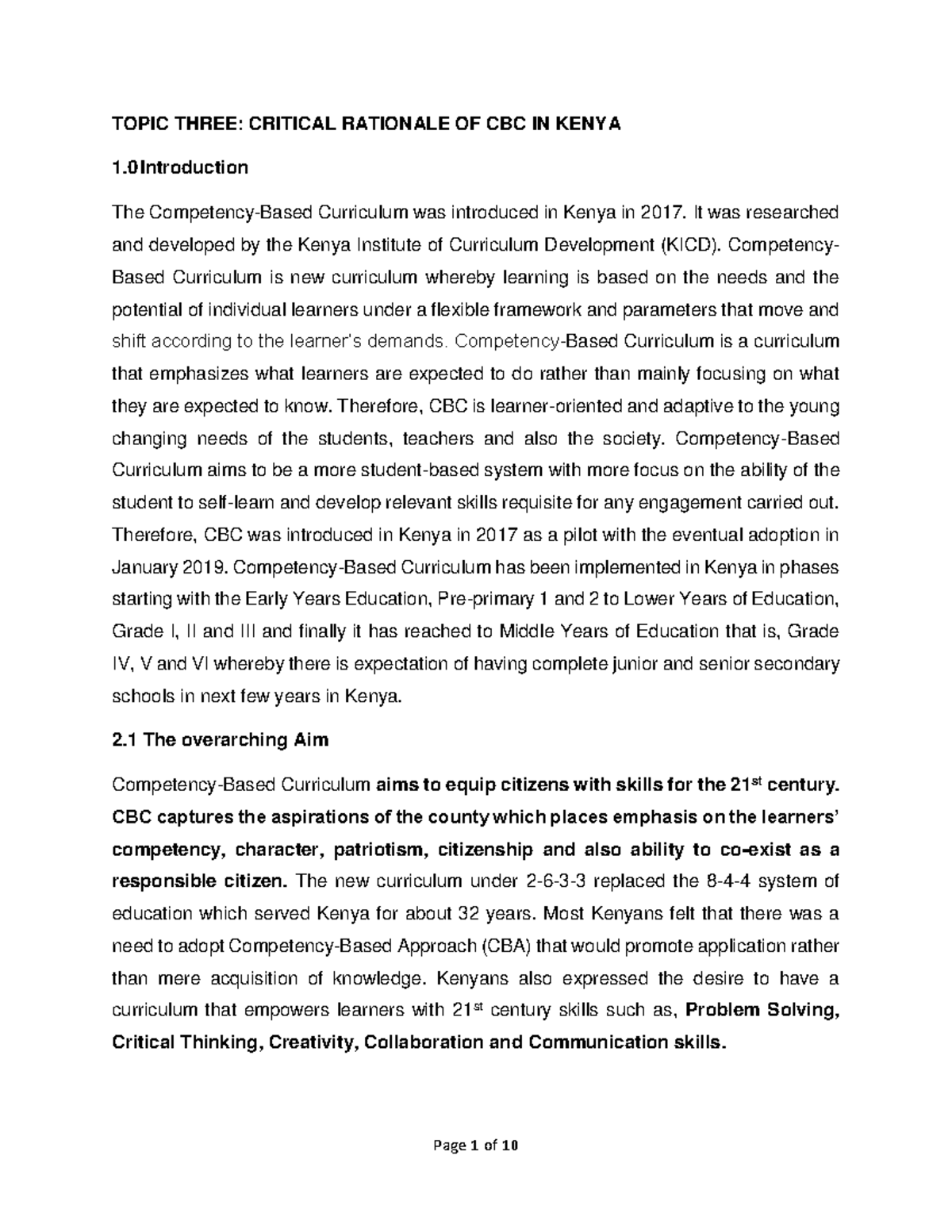 Critical Rationale for Competency-Based Curriculum in Kenya (CBC) - Studocu