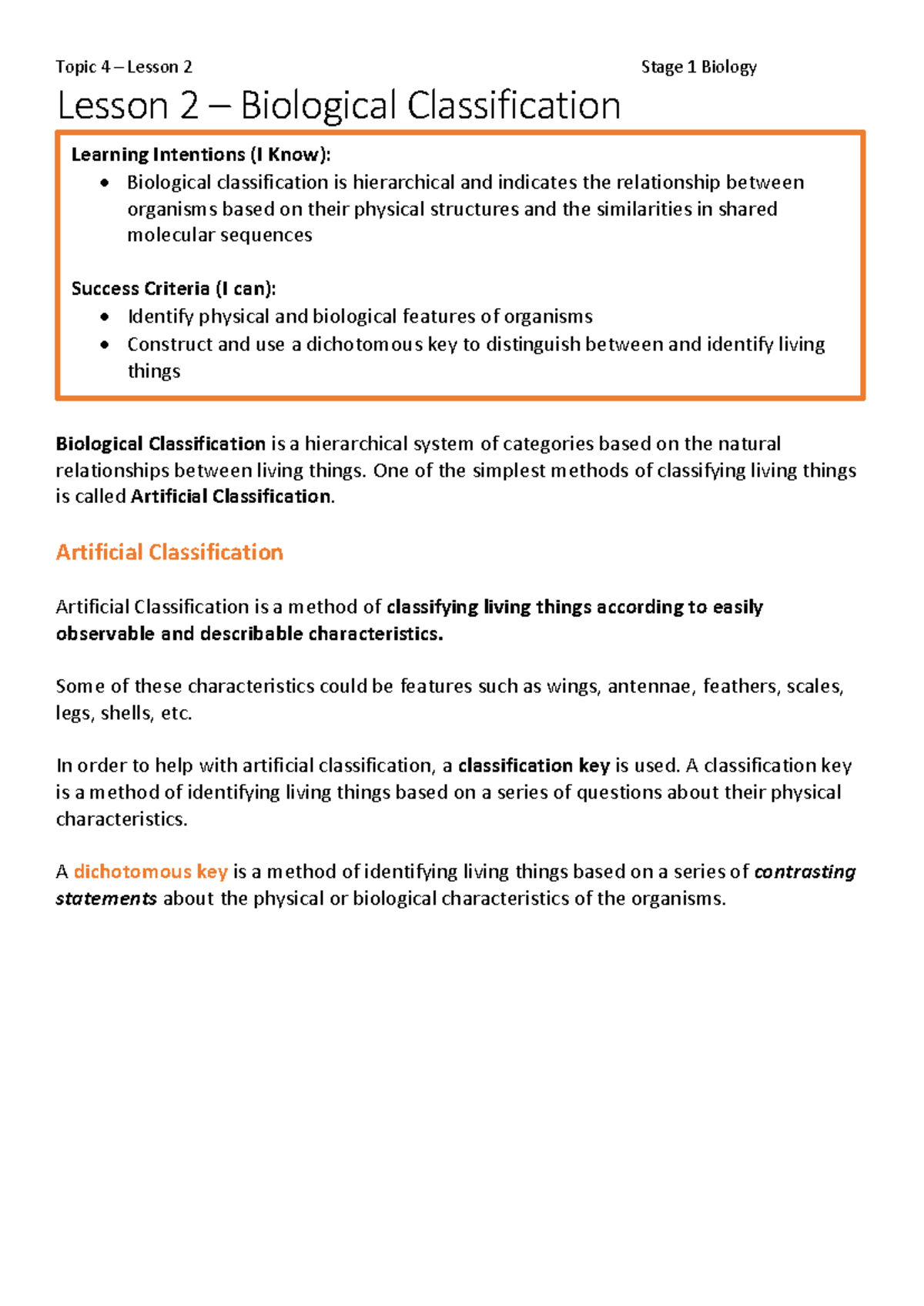 Lesson 2 - Biological Classification (Stage 1 Biology) - Studocu