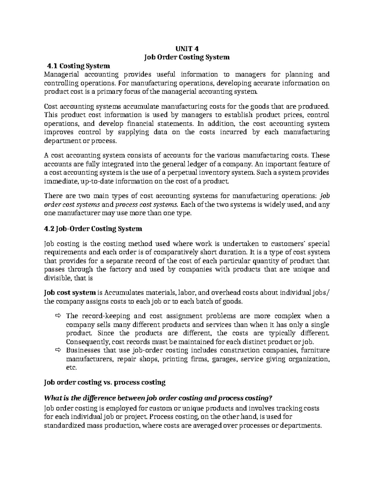 UNIT 4 Job Order Costing System: Detailed Analysis and Procedures - Studocu