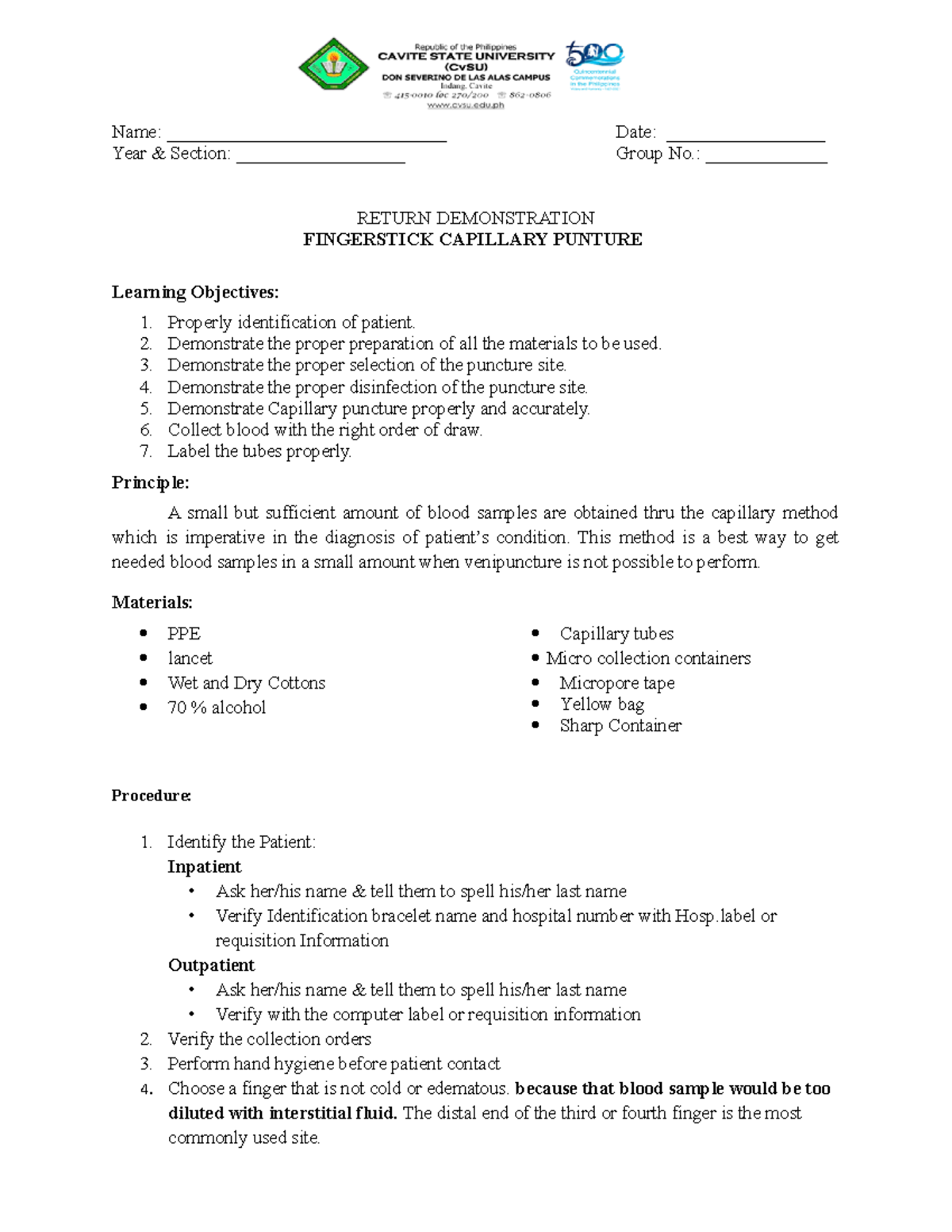LAB Activity Capillary Puncture - Name ...