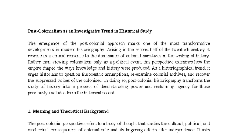 Postcolonialism: Investigative Trends in Historical Study - Studocu