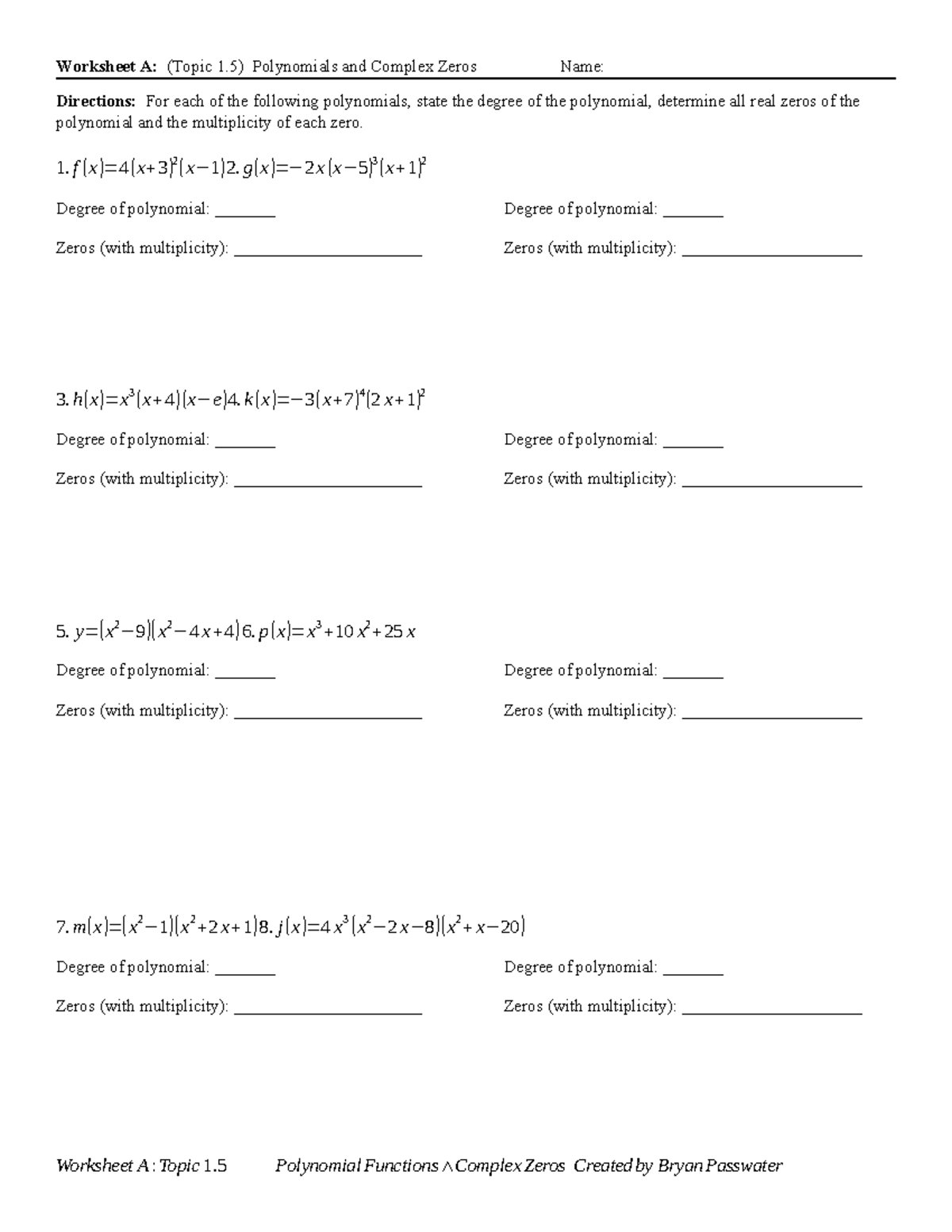 1.5 Topic 1 Worksheet: Polynomials & Complex Zeros Practice Problems ...