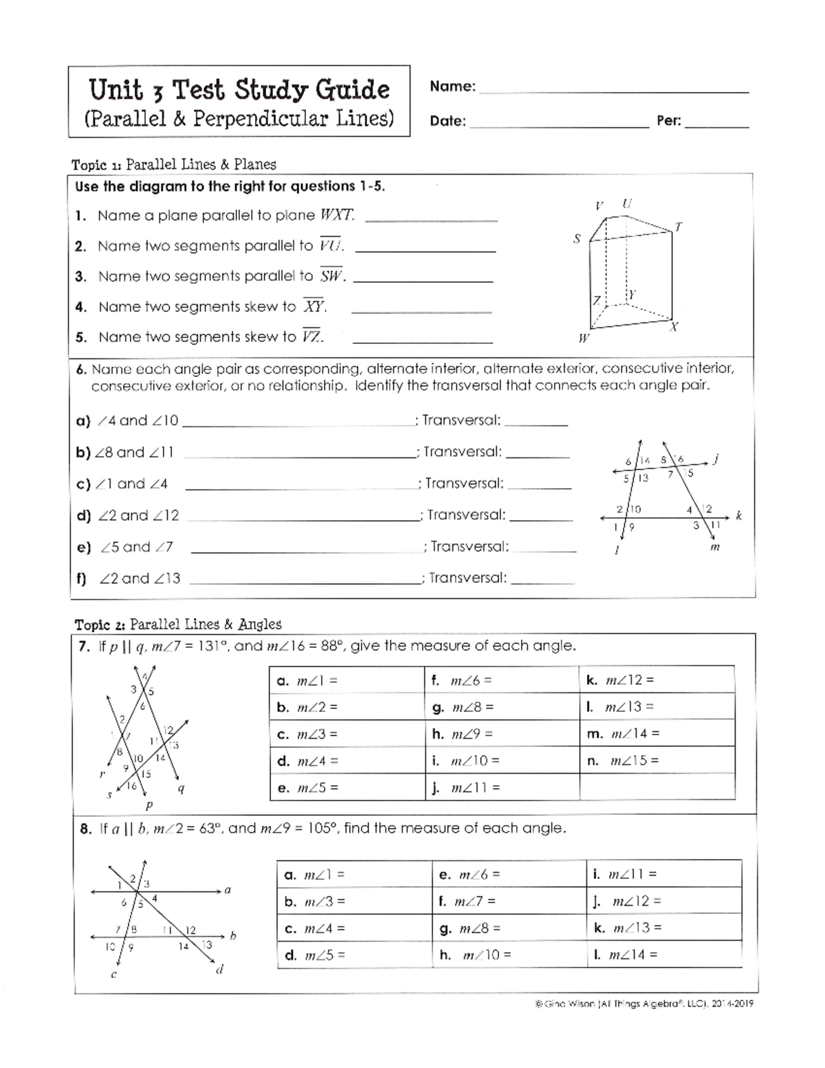 Unit 5 Study Guide: Parallel & Perpendicular Lines Review - Studocu