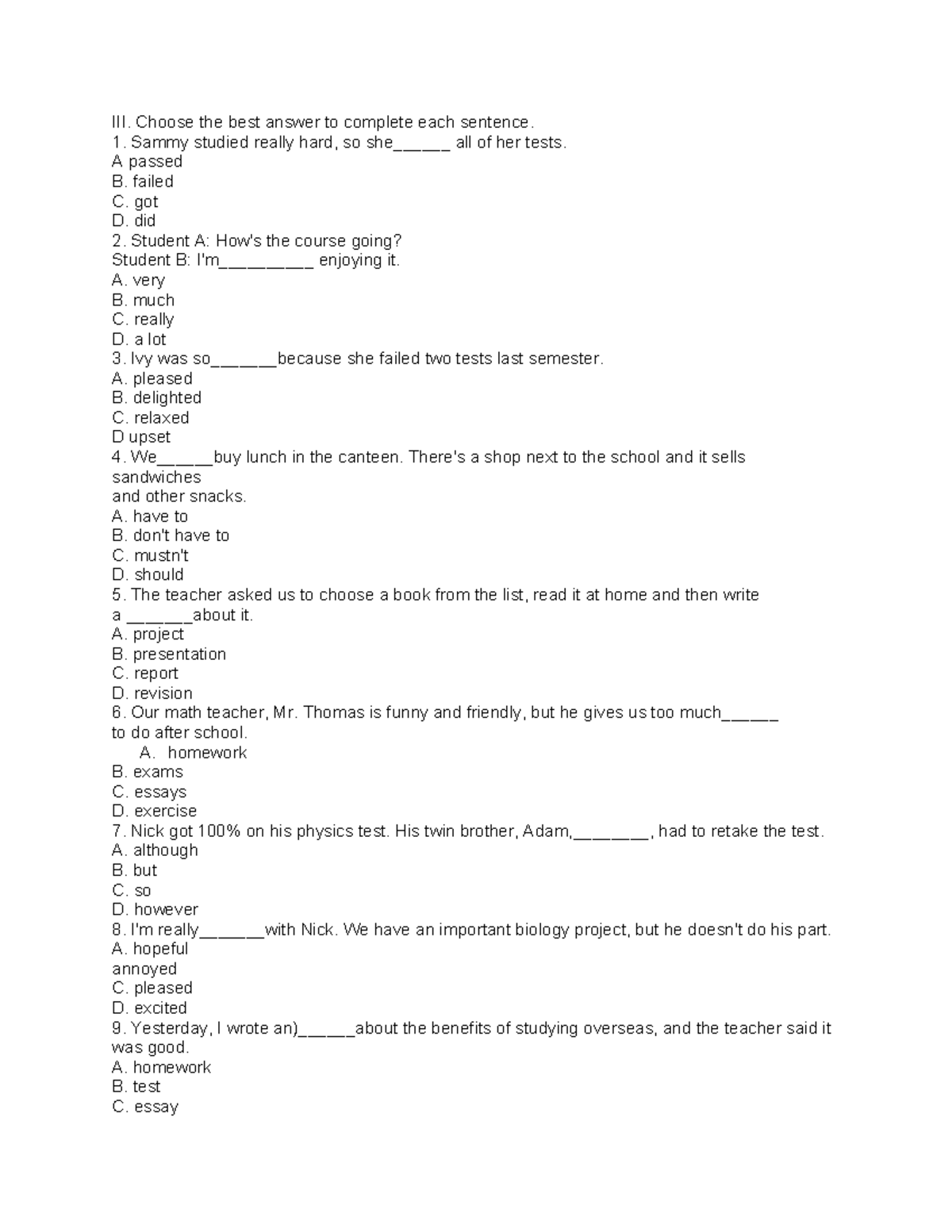Quiz: Complete the Sentences with the Best Answers (ENG 101) - Studocu